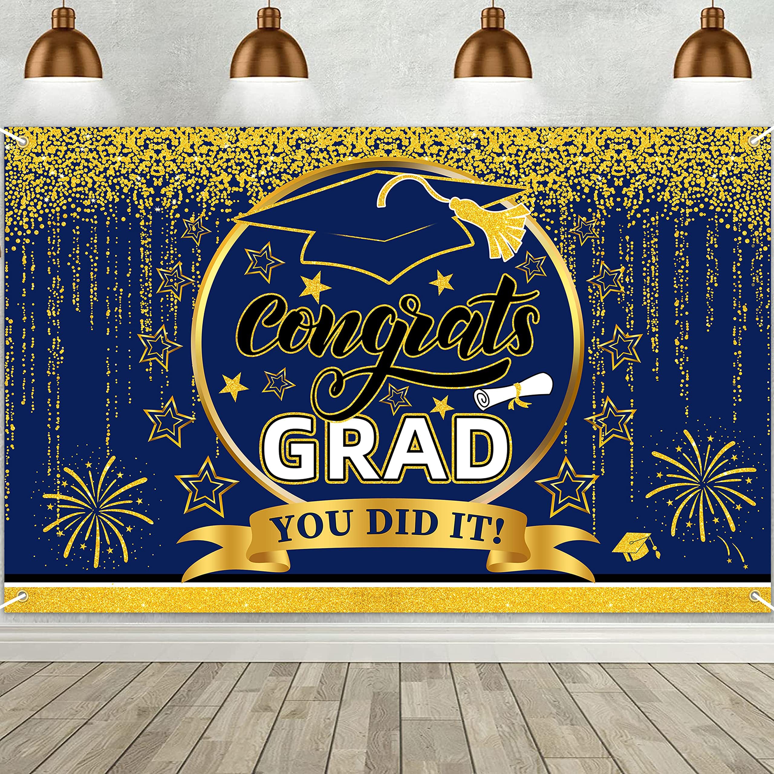 Amazon.com : Class of Grad 2025 Background Banner,Blue and Gold ...