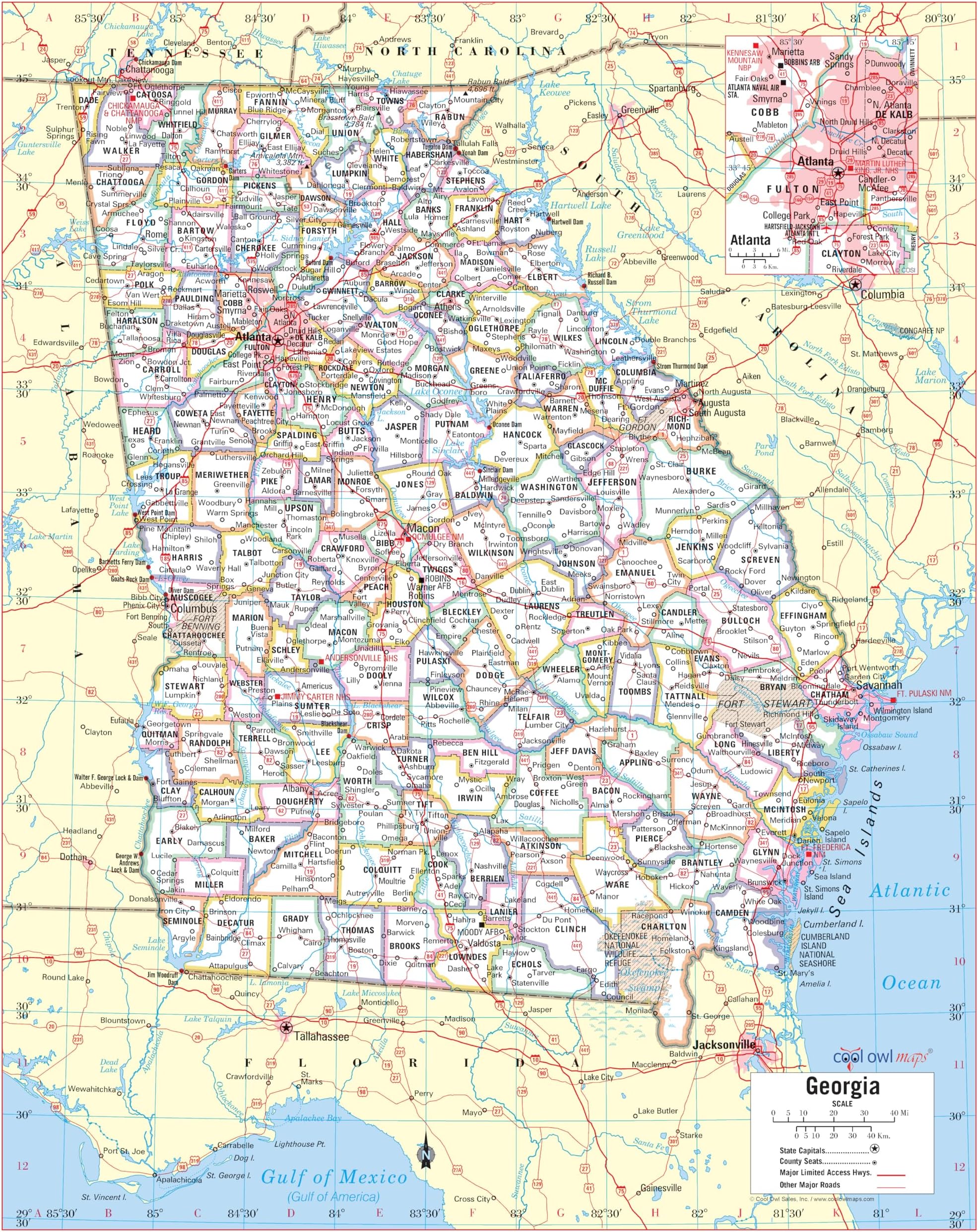 Amazon.com : 60 x 45 Giant Georgia State Wall Map Poster with Counties ...