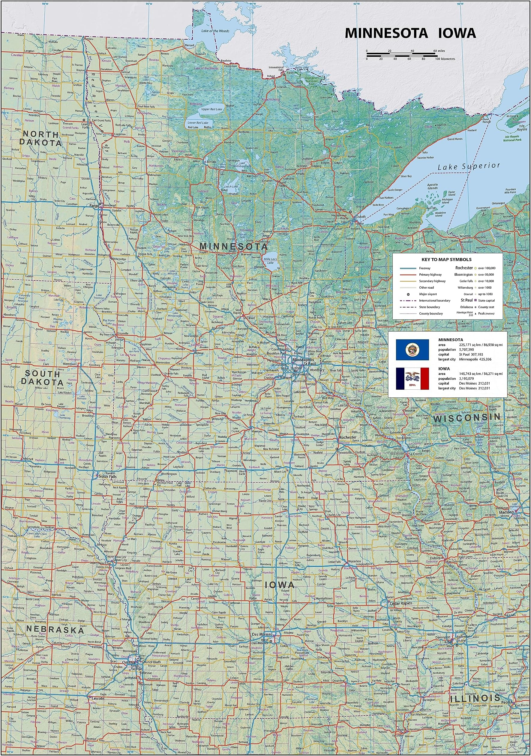 Amazon.com : Minnesota and Iowa Physical Map - 23.3 x 16.5 Inches ...