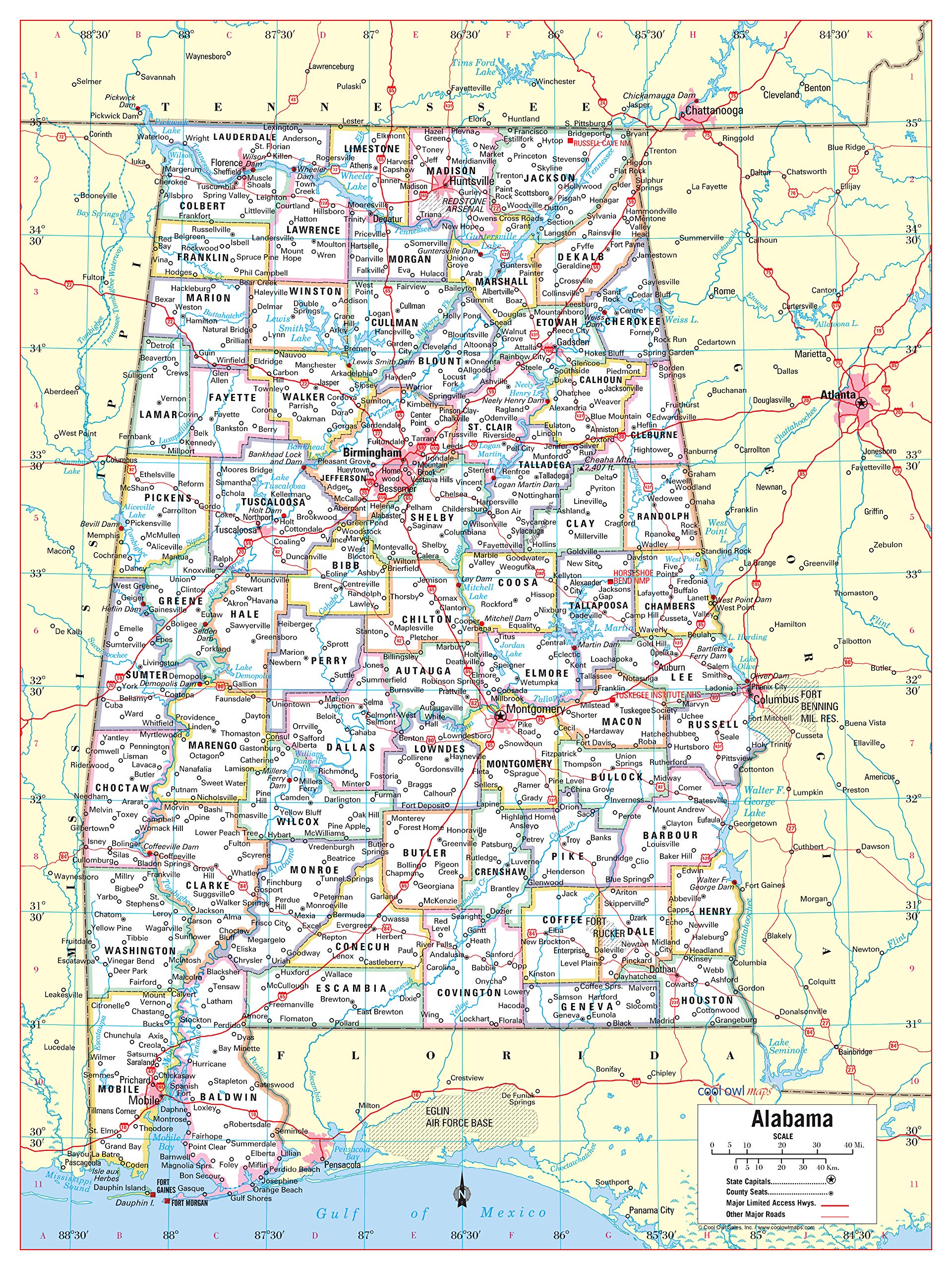 Buy Cool Owl s Alabama State Wall Rolled (Laminated 24"x32") Online at ...