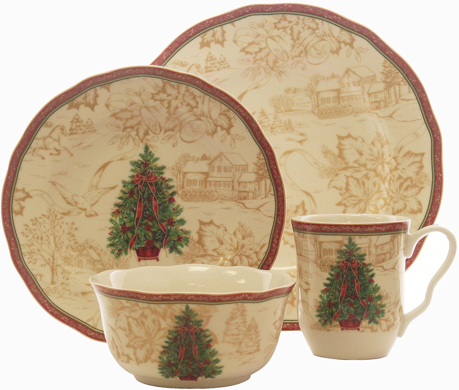 Amazon.com | 222 5th Christmas Toile 16-Piece Dinnerware Set ...