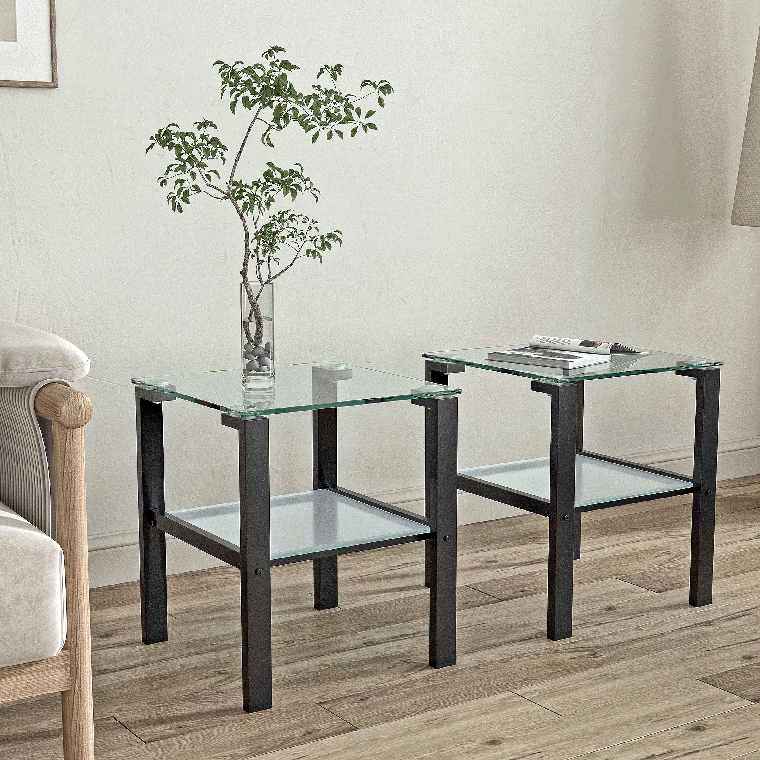 Amazon.com: Tinblin Modern Glass End Tables Set of 2 - Stylish 17" 2 ...