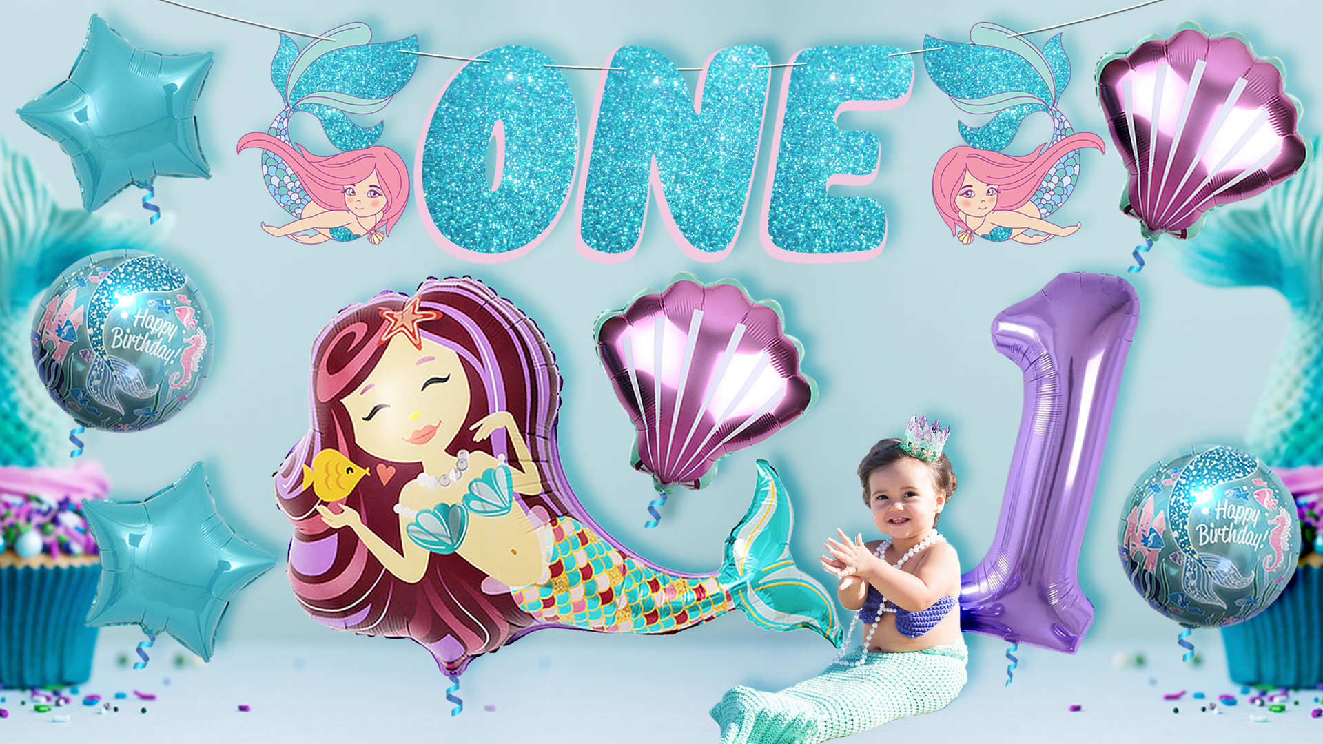 Watch Mermaid One Banner with Purple Number 1 Balloons Set on Amazon Live