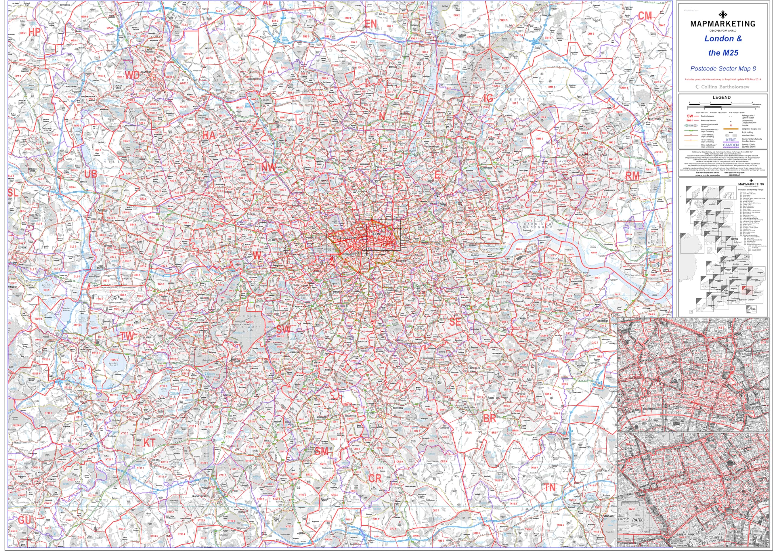Greater London - Postcode Sector Map 8 - Wall Map With Motorway, A ...
