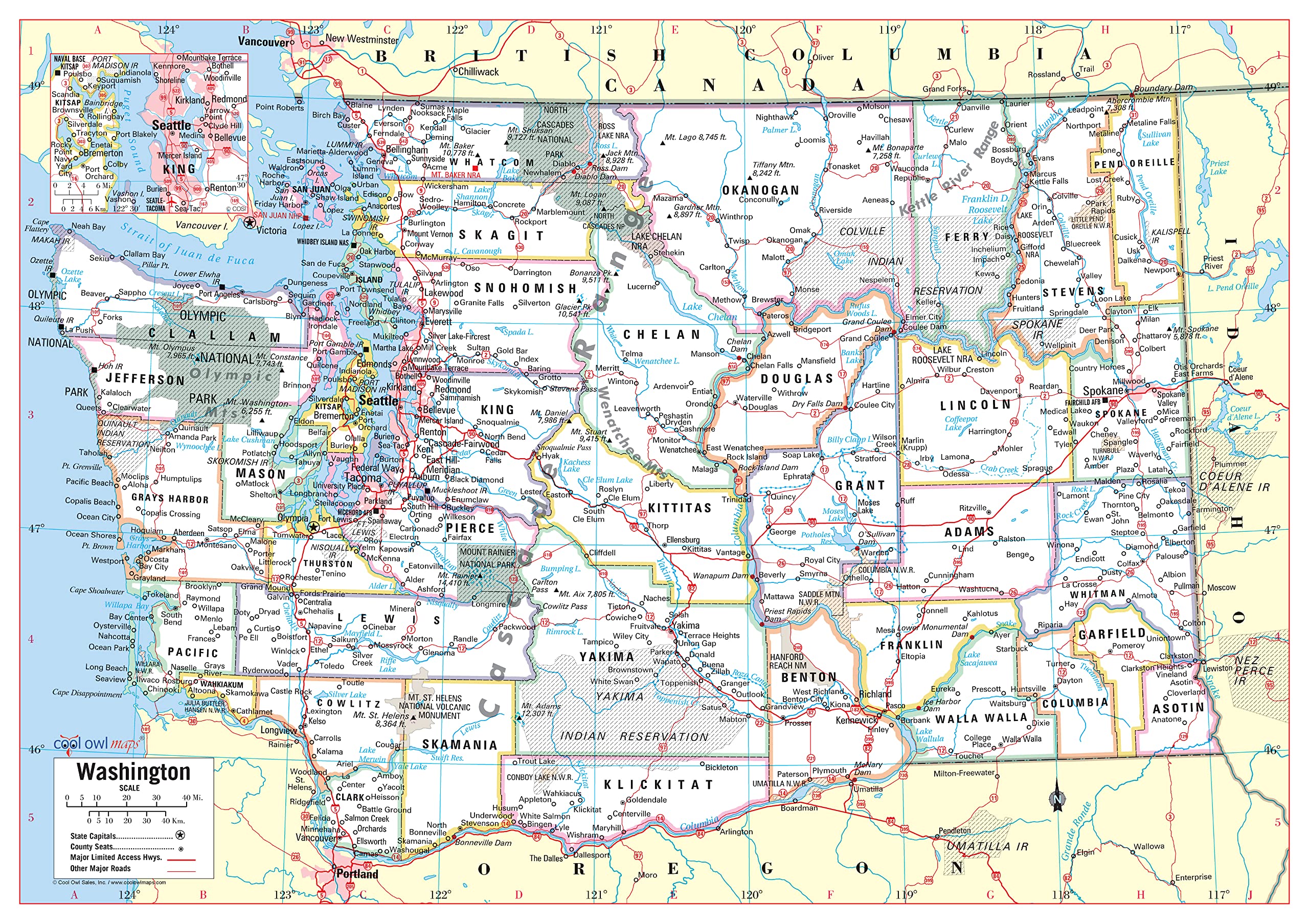 Cool Owl Maps Washington State Wall Map Large Print Poster | Desertcart ...