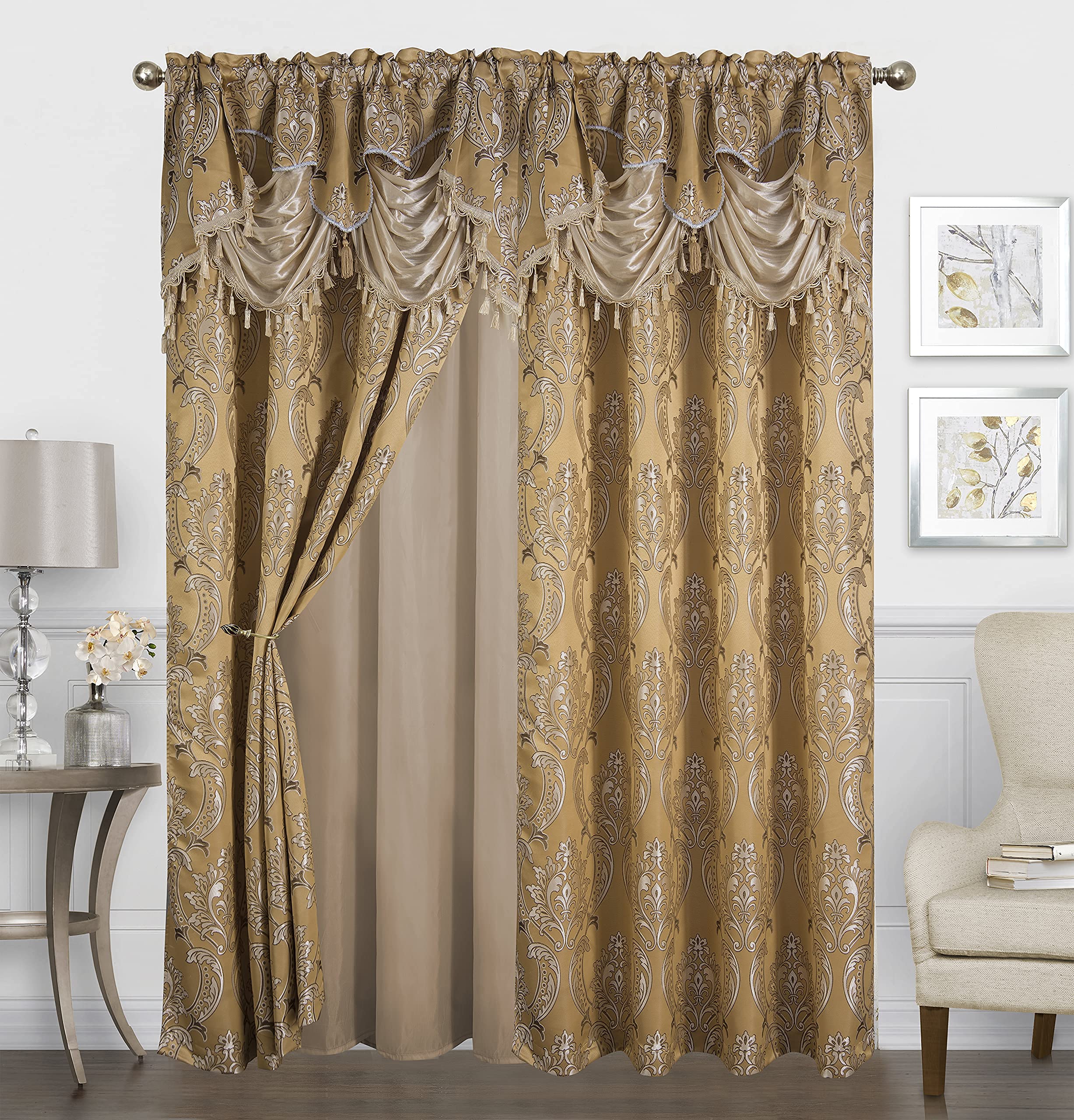 Amazon.com: Traditional Jacquard Curtain Drape Set 2-Panels 84-Inch ...