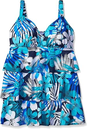 Shape Solver Women's Mesh Well Triple Tier Swimdress One Piece Swimsuit ...