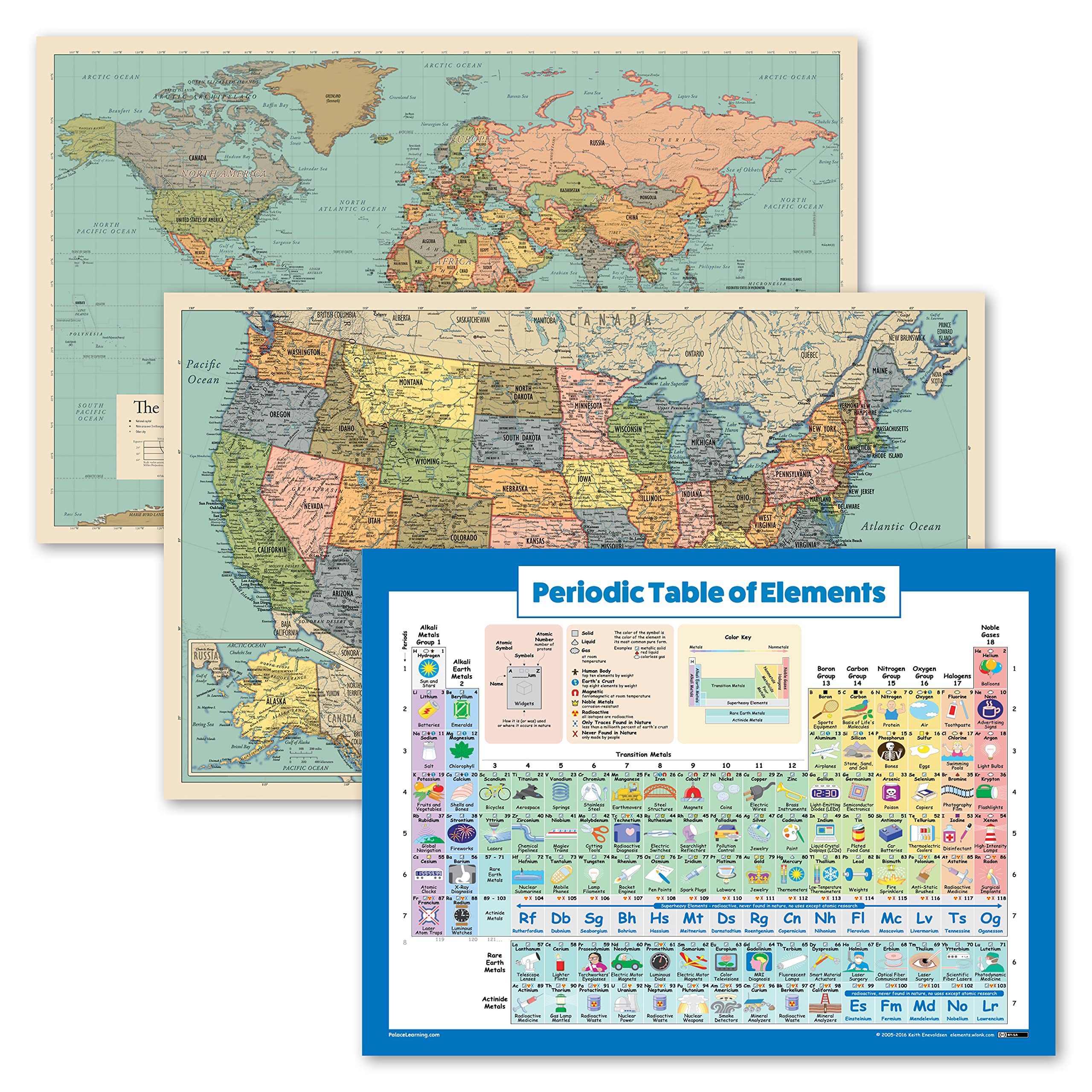 Buy 3 Pack - World & USA Chart [Tan/Color] + Periodic Table of the ...