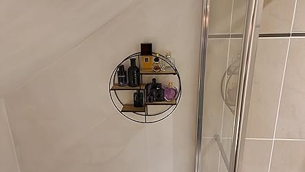 Black Metal Circle Round Wall Unit with Wooden Shelves Industrial Style ...