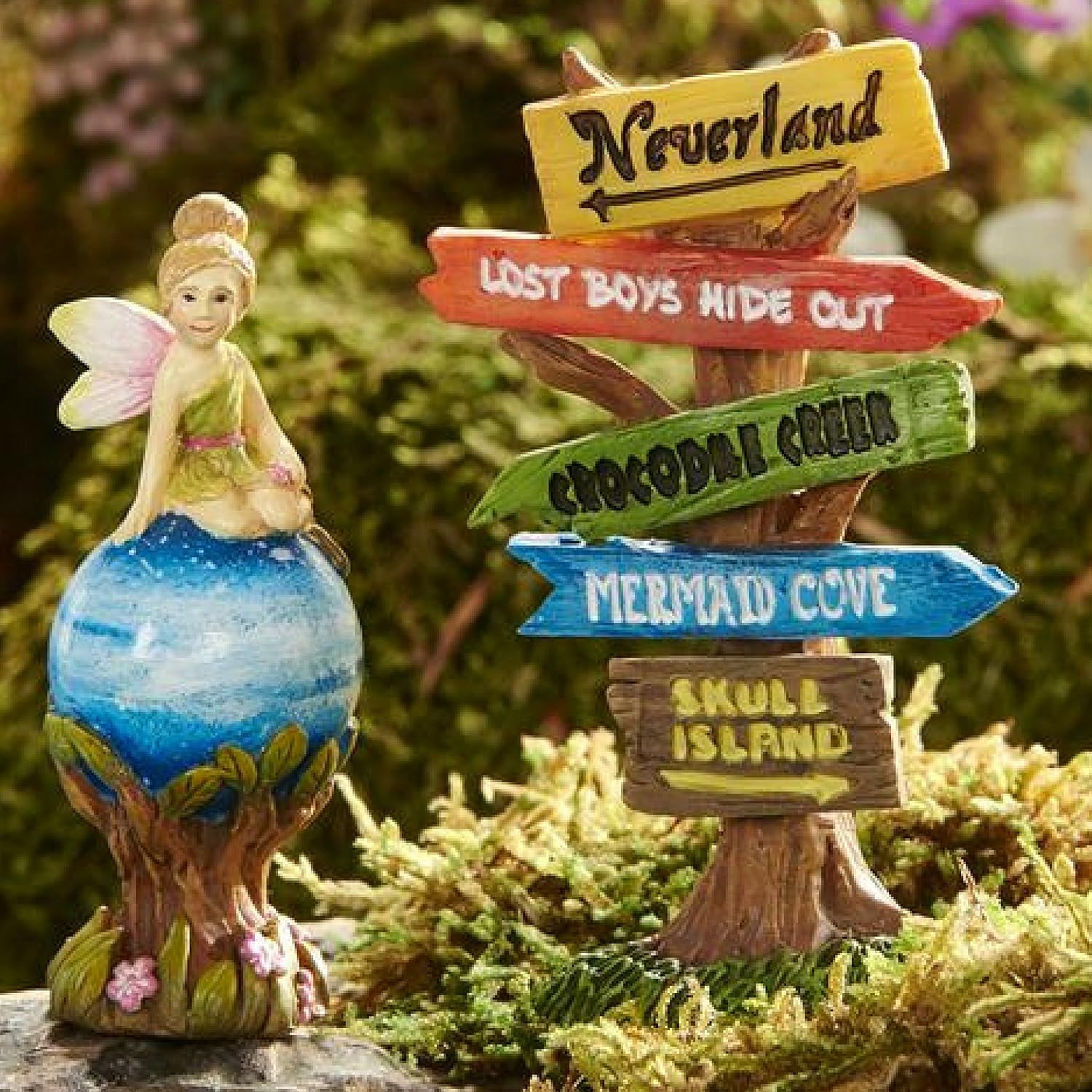 Amazon.com : Tinkerbell and Neverland Sign Post Miniature Fairy Garden ...