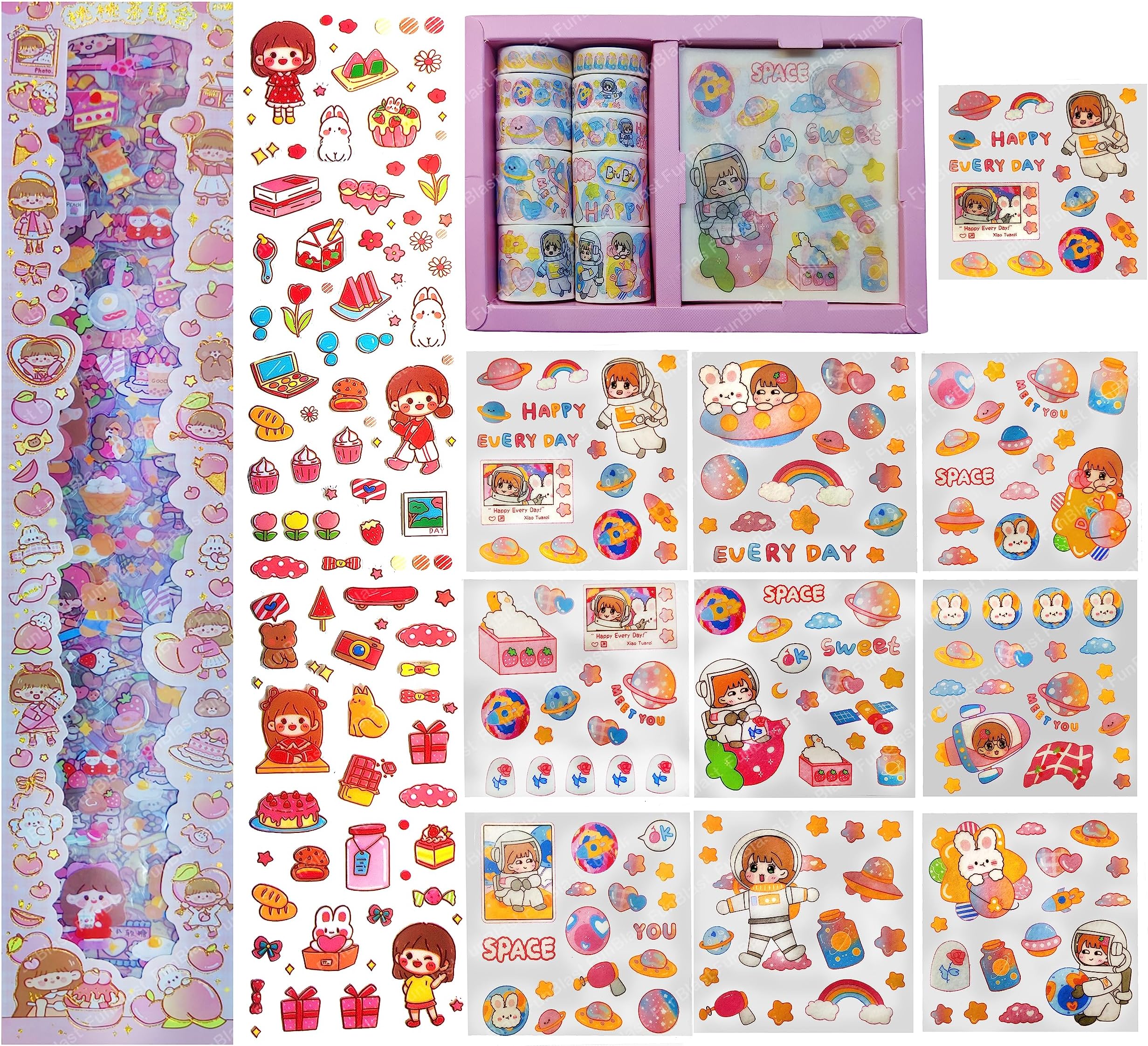 FunBlast Washi Tape with Kawaii Stickers, 10 Pcs Tape Rolls with 30 ...
