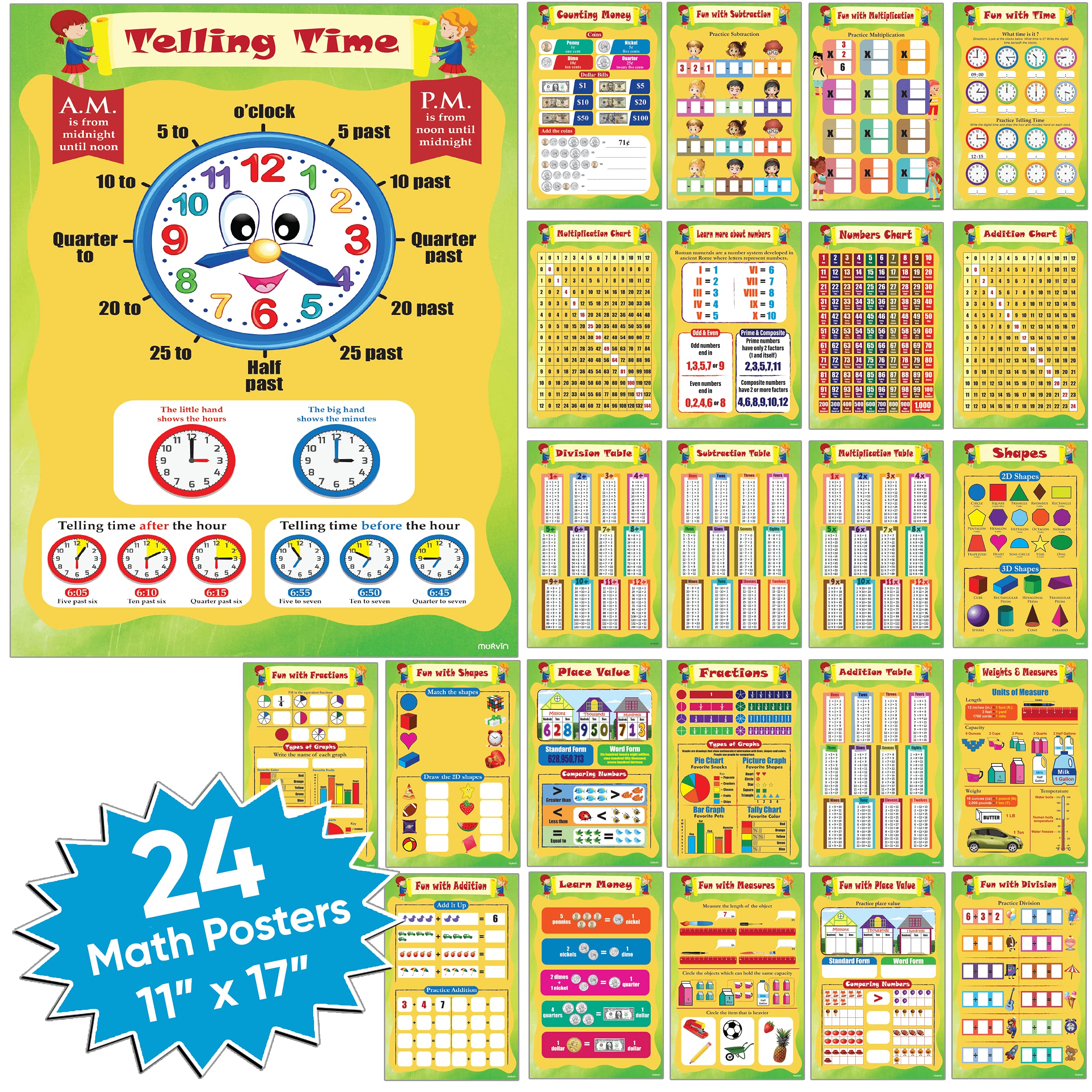 Buy Murvin 24 Pack Large Laminated MATH s for Kids, Preschool ...