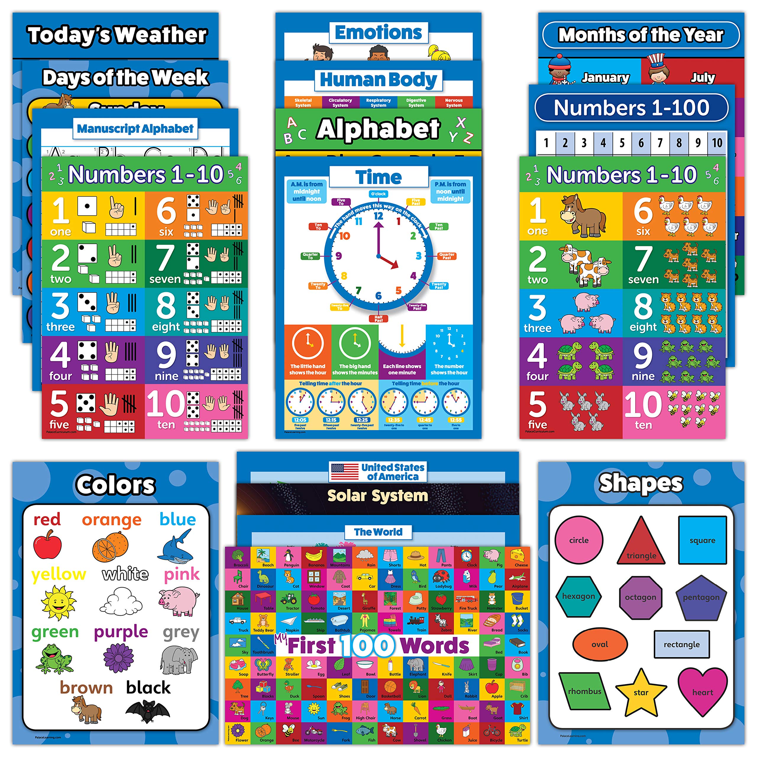 17 Pack Educational Posters For Toddlers And Kids Laminated Abc ...