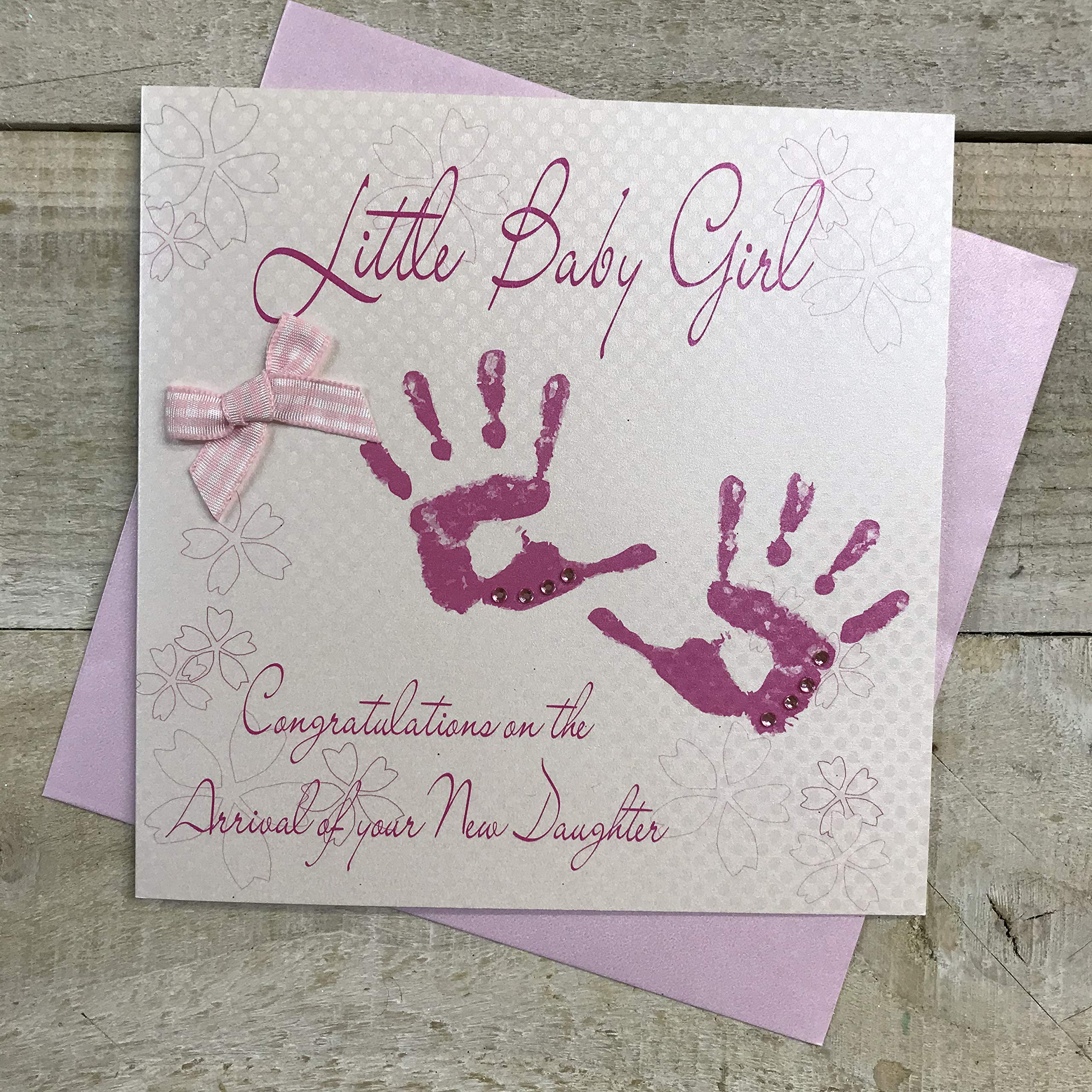 White Cotton Cards Pink Handprints Little Girl Congratulations On The ...