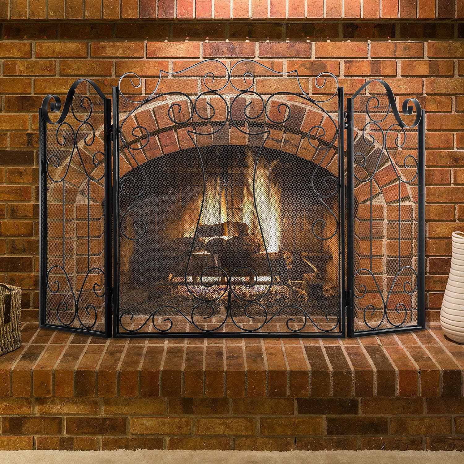 Amazon.com: MyGift 3-Panel Black Metal Scrollwork Design Fireplace ...