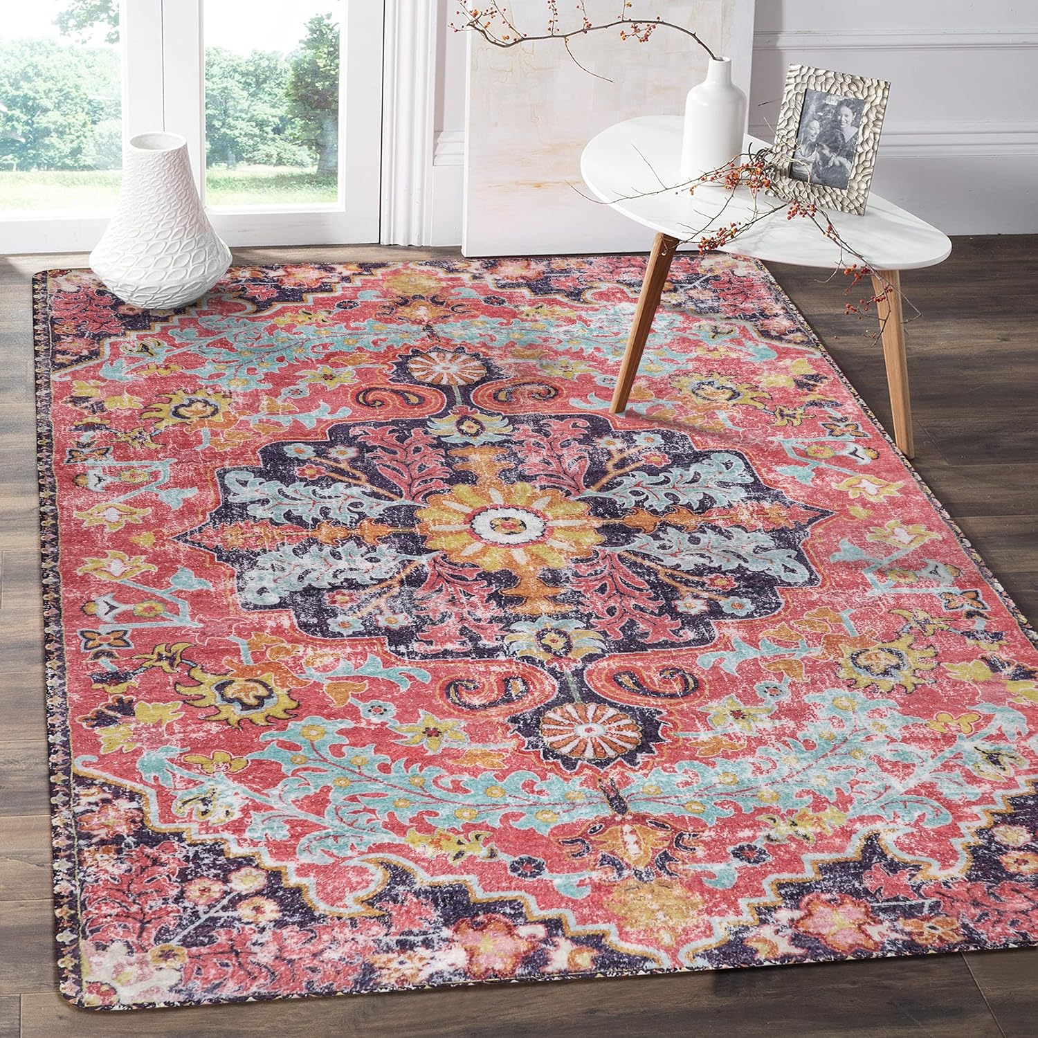 Lahome Bohemian Floral Medallion Area Rug 3x5 Hot Pink Rug For Girls