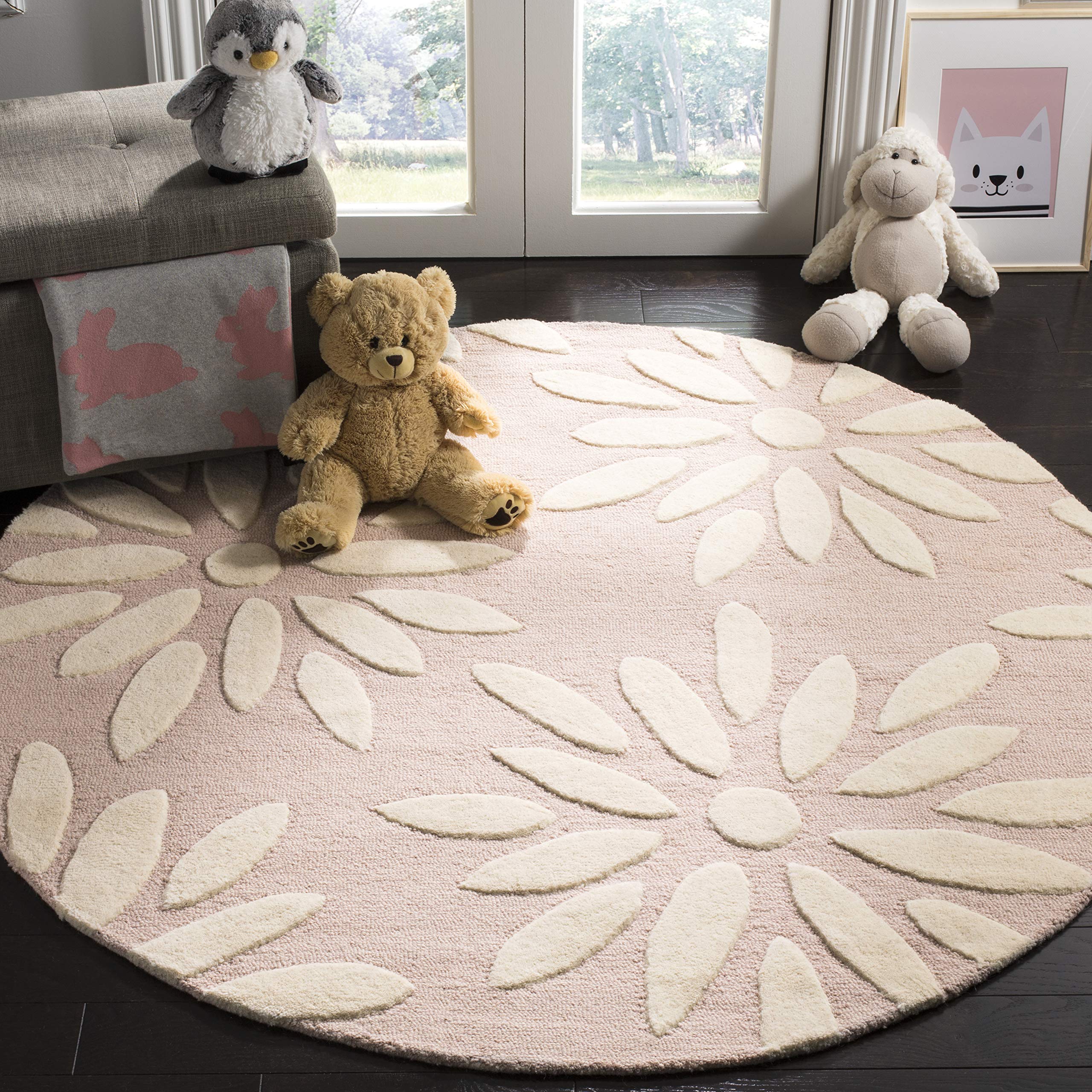 SAFAVIEH Kids Collection 5' Round Pink / Ivory SFK914P Handmade Daisy ...