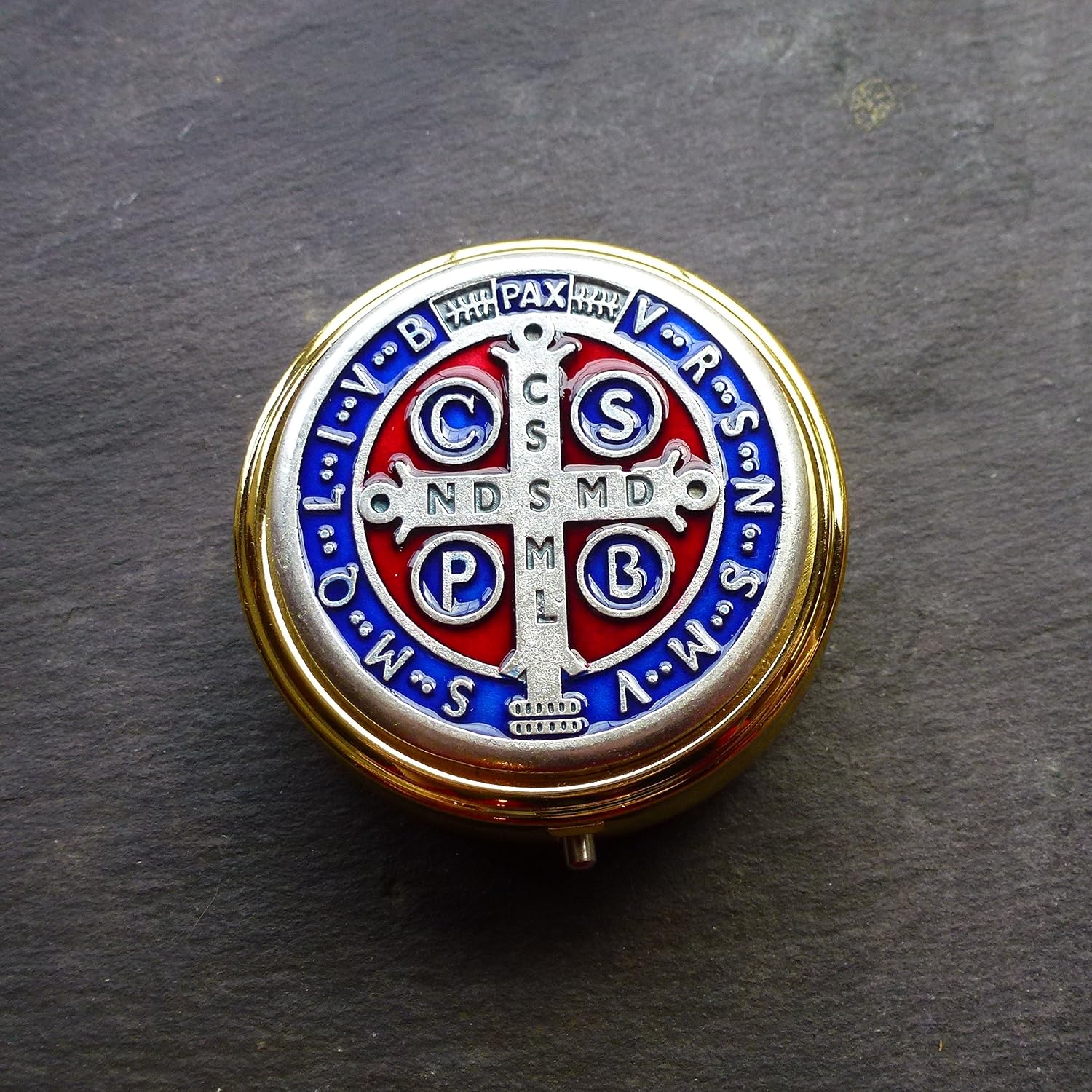 R. Heaven Brass pyx St. Benedict colour enamel lid Eucharist Communion ...