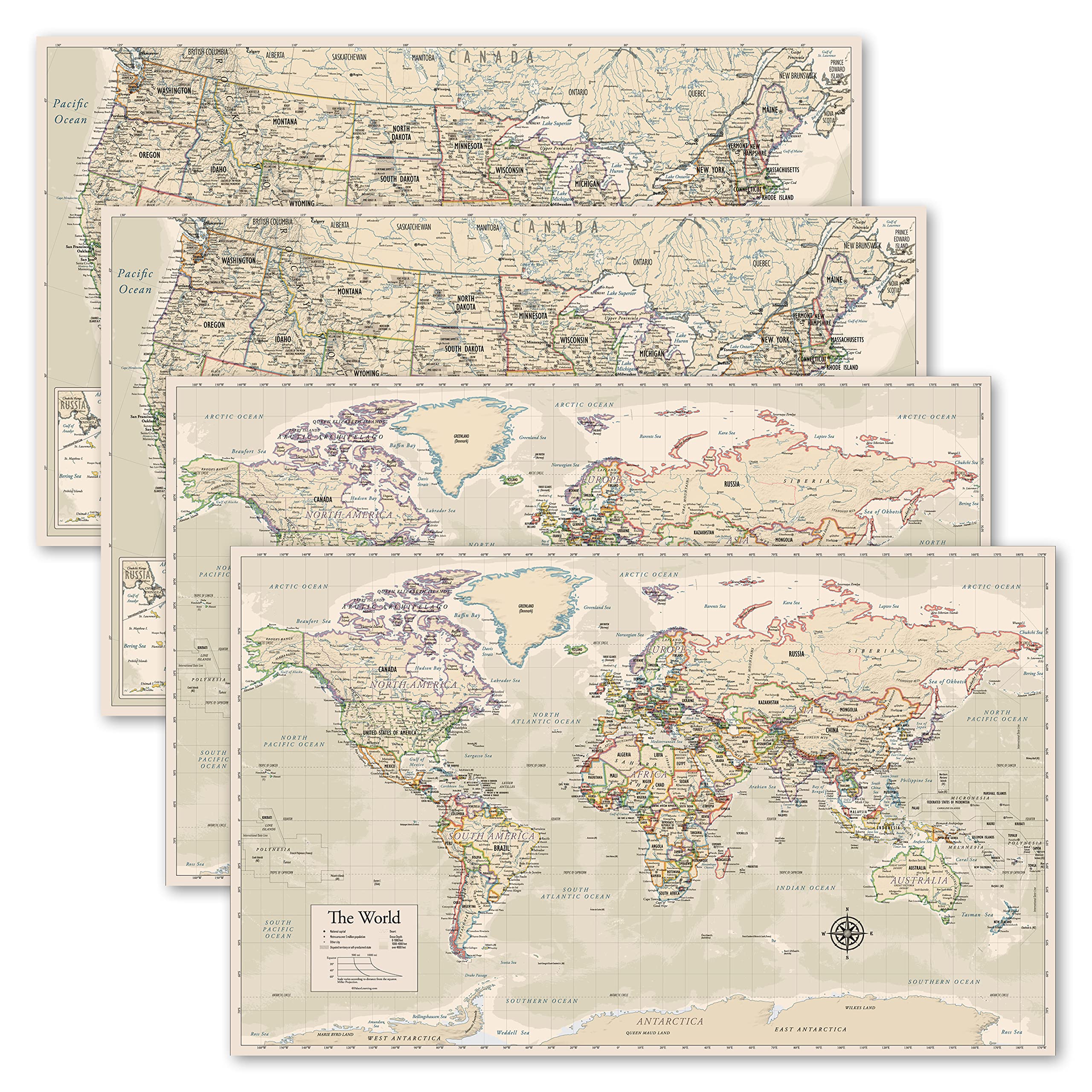 4 Pack - 2 World Map Chart [Antique Style] - 2 USA Map Chart [Antique ...