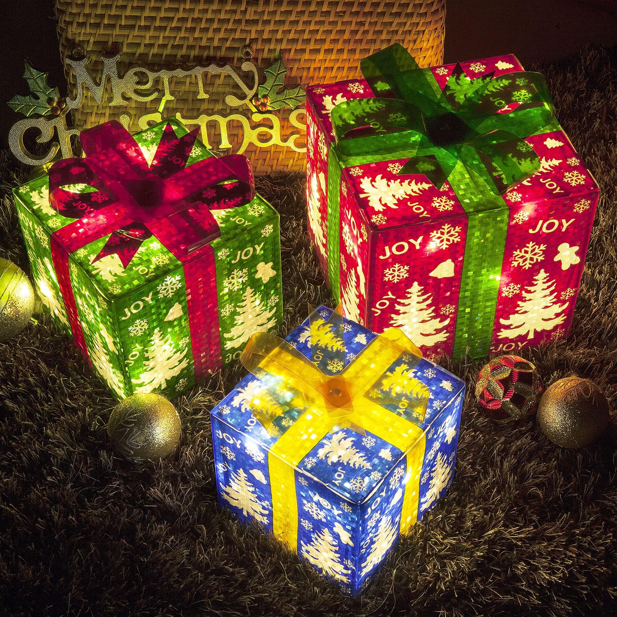 Amazon.com: Juegoal Christmas Set of 3 Lighted Gift Boxes Decorations ...