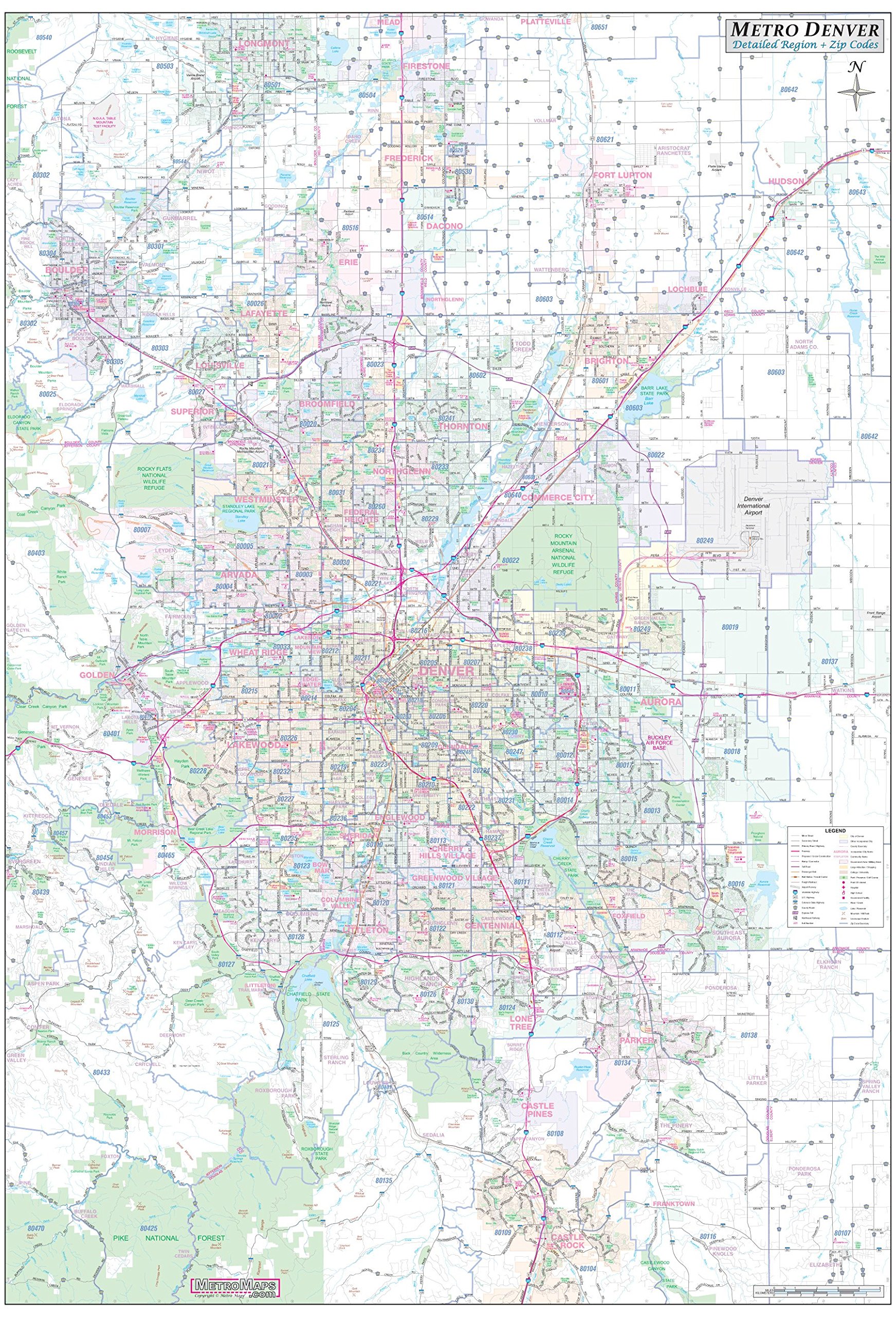 Metro Denver CO Detailed Region Wall Map w/Zip Codes *Laminated* 36"x52 ...