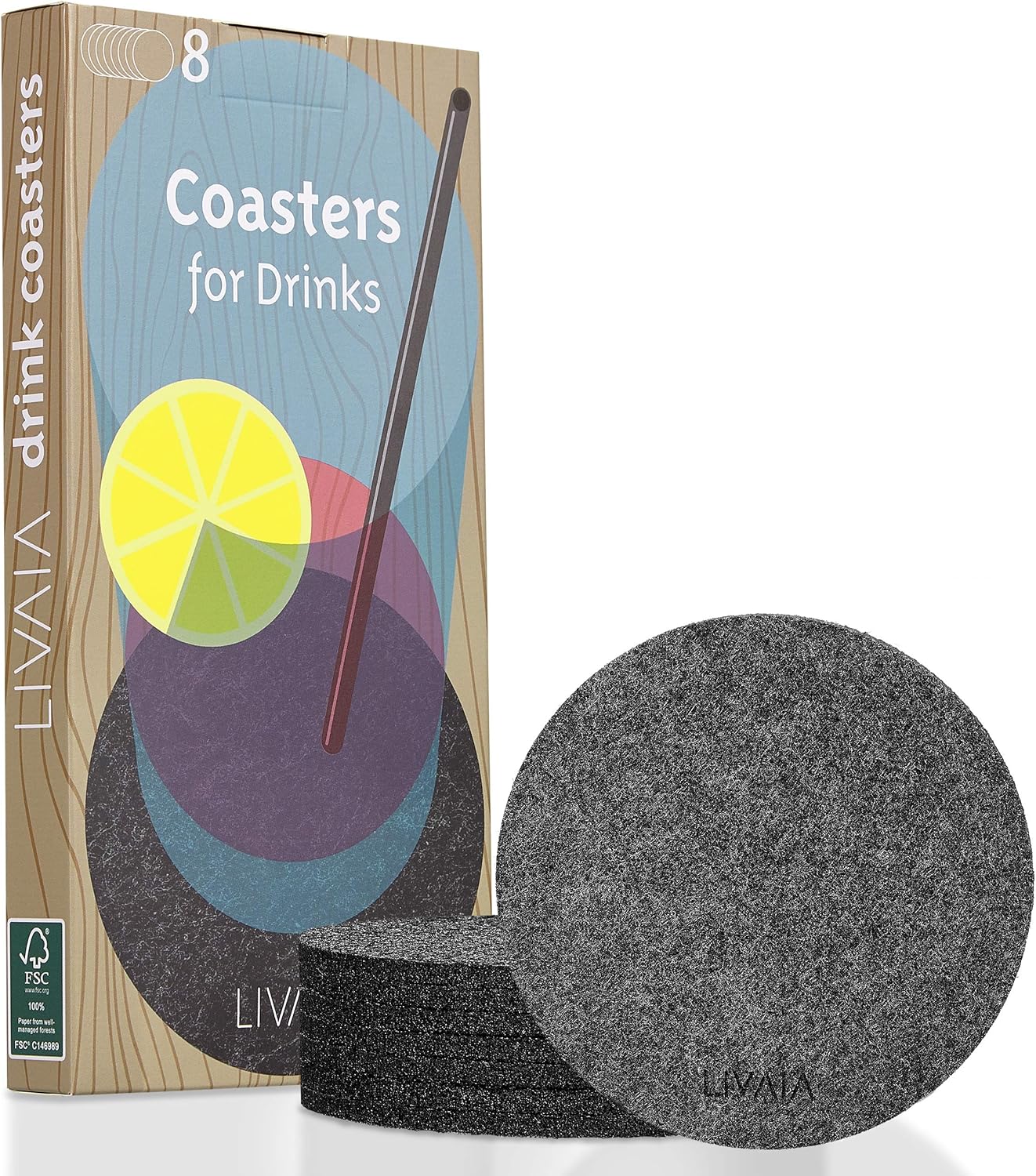 LIVAIA 8-Piece Drink Coasters Set With Holder Box - Grey Polyester ...