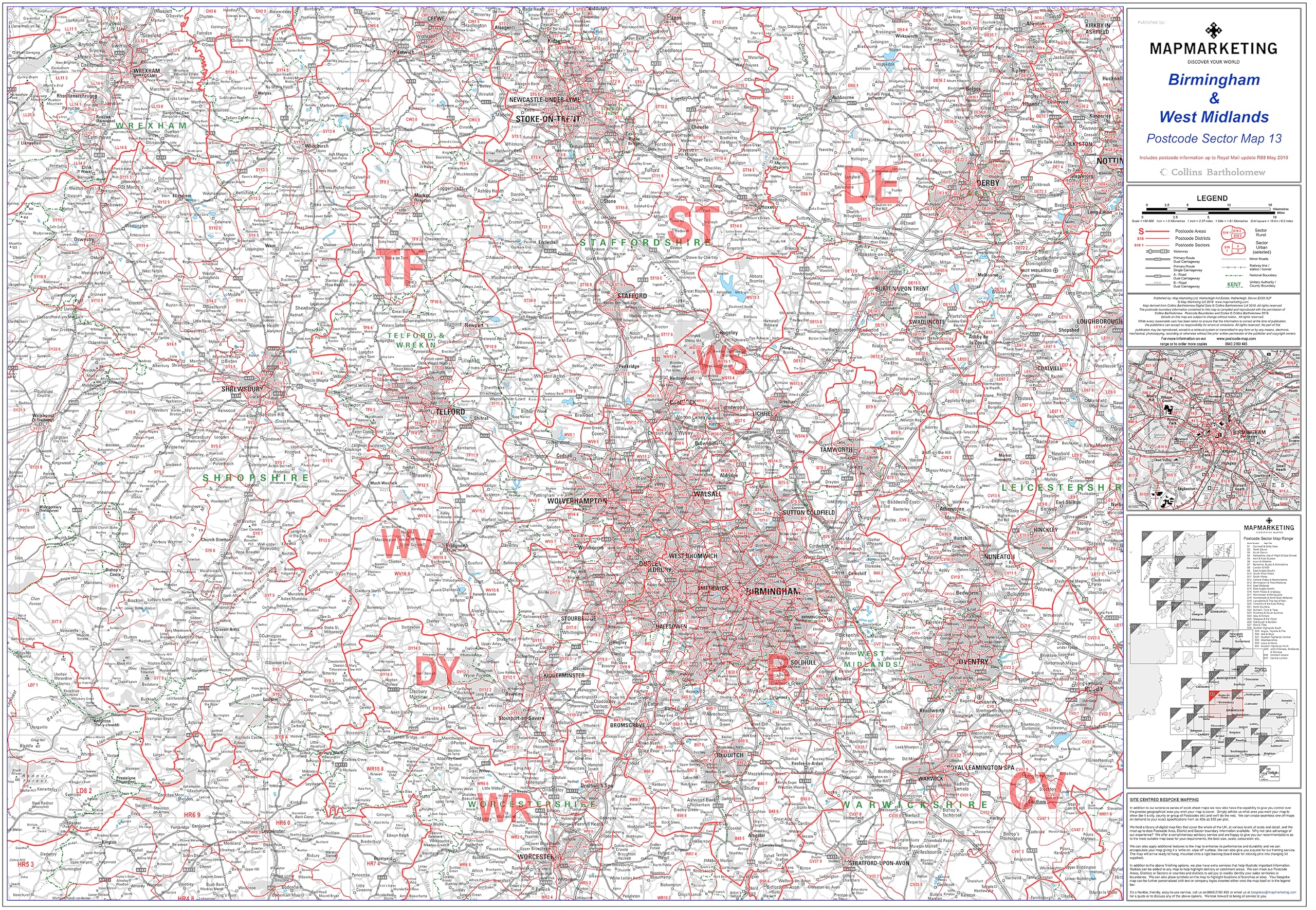 Birmingham and West Midlands - Postcode Sector Map 13 - Wall Map With ...