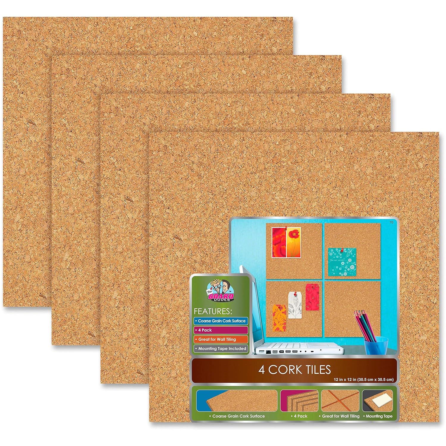 The Board Dudes Board Dudes 12" X 12" Light Cork Tiles, 4-Pack (70Va-4 ...