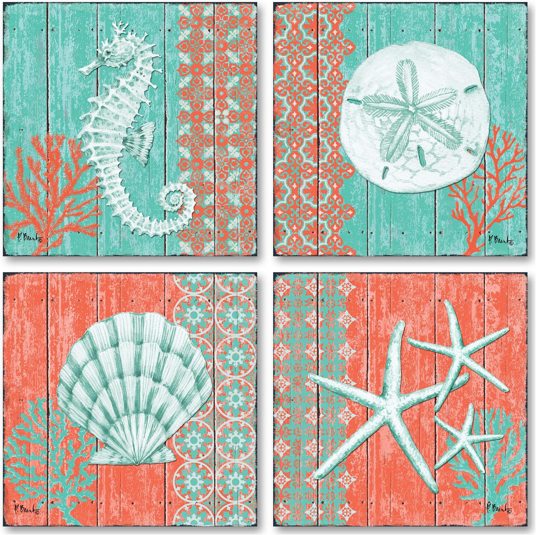 Amazon.com: Gango Home Décor 4 Lovely Teal and Coral Ocean Seashell ...
