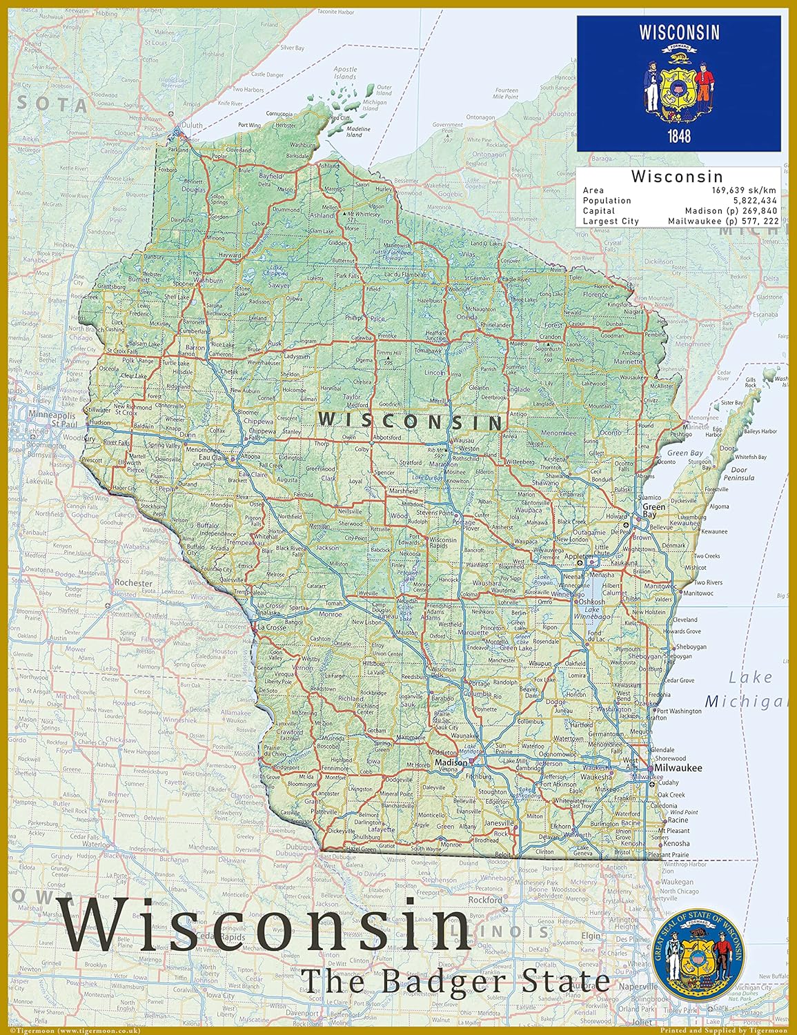 Amazon.com : Wisconsin State Physical Map - 16.4 x 21.4 Inches - Paper ...