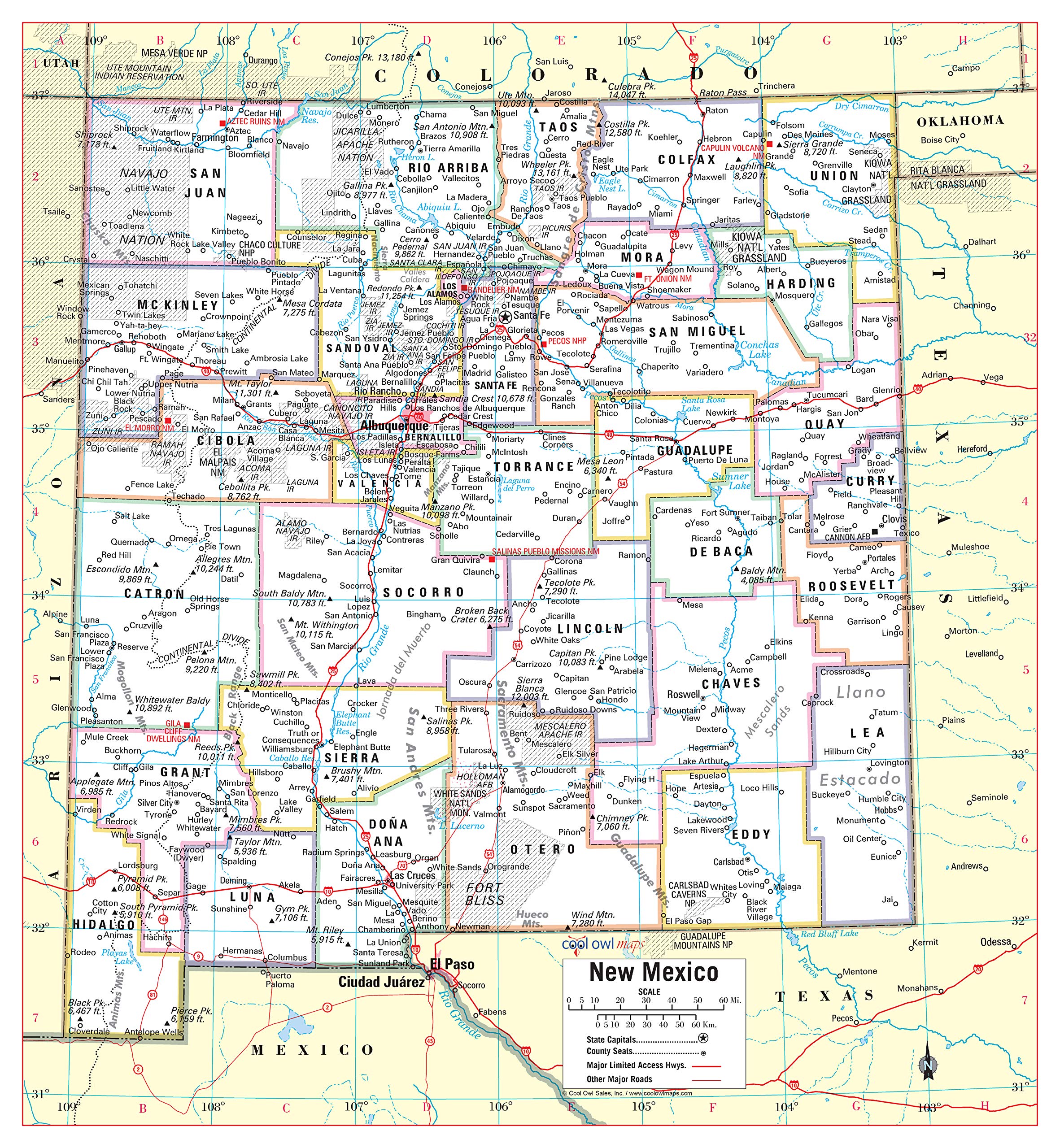 Amazon.com: Cool Owl Maps New Mexico State Wall Map Poster Rolled 24 ...
