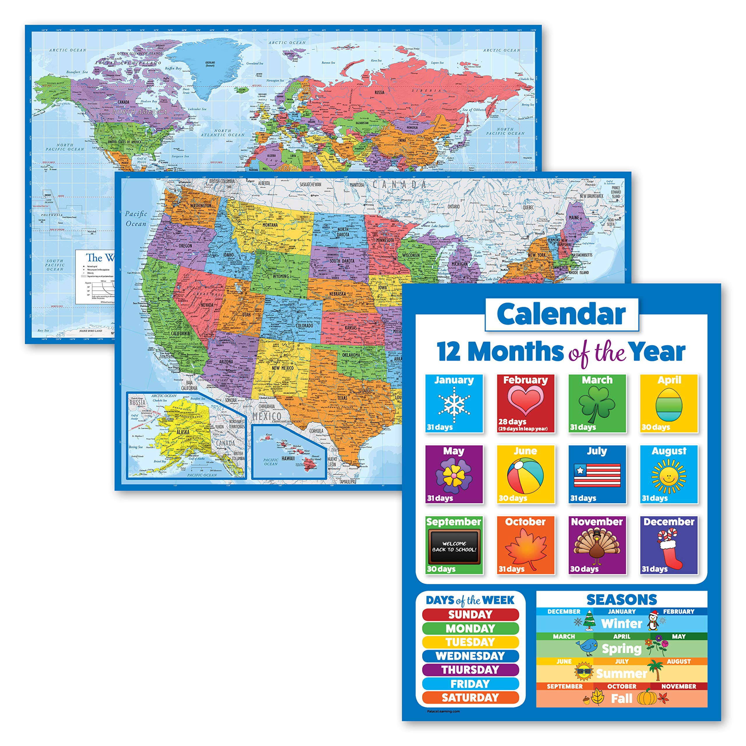 Buy 3 Pack - World & USA Set [Blue Ocean] + Days of The Week & Months ...