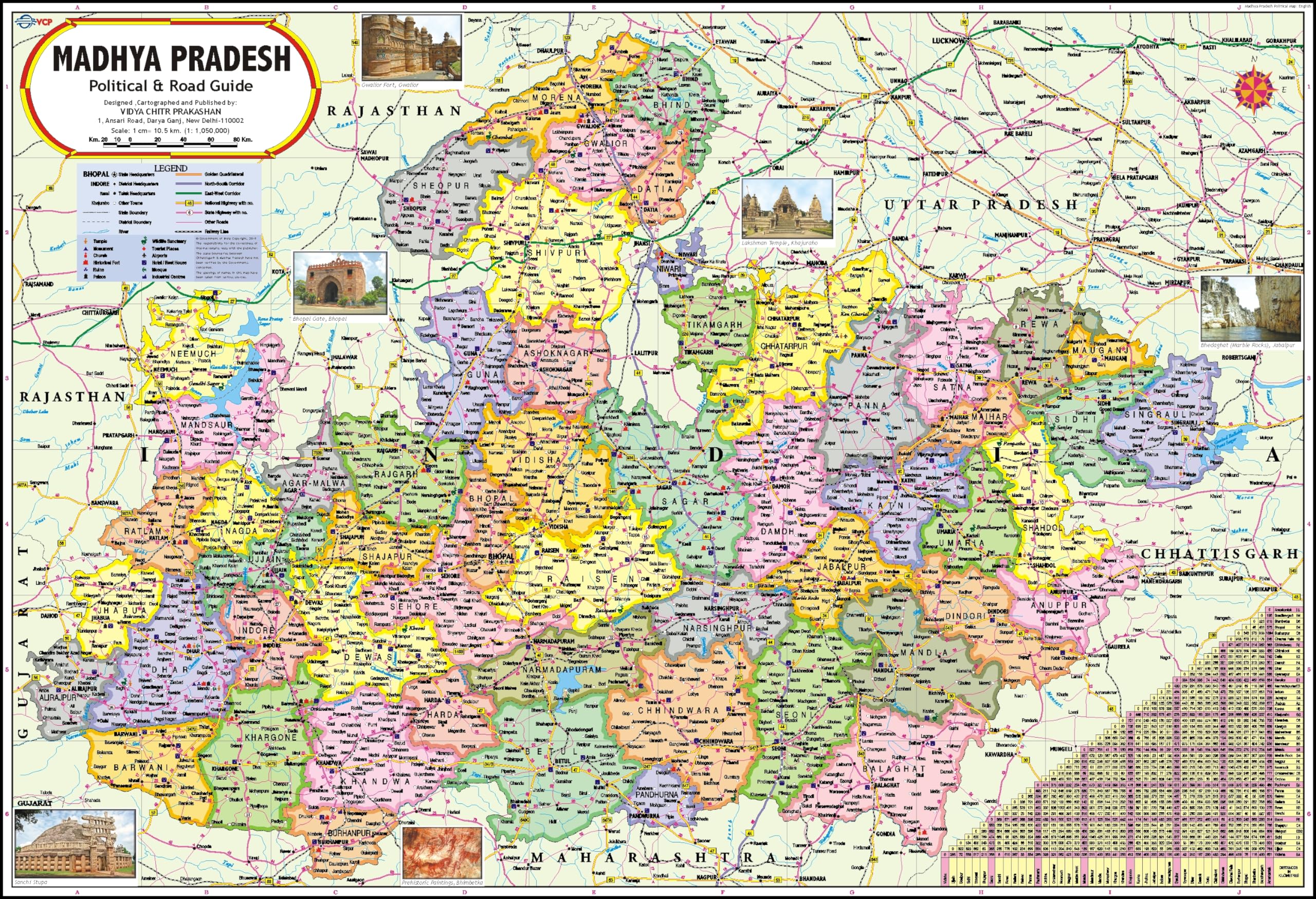 Madhya Pradesh Map | English | 70 x 100 cm | Laminated : Vidya Chitr ...