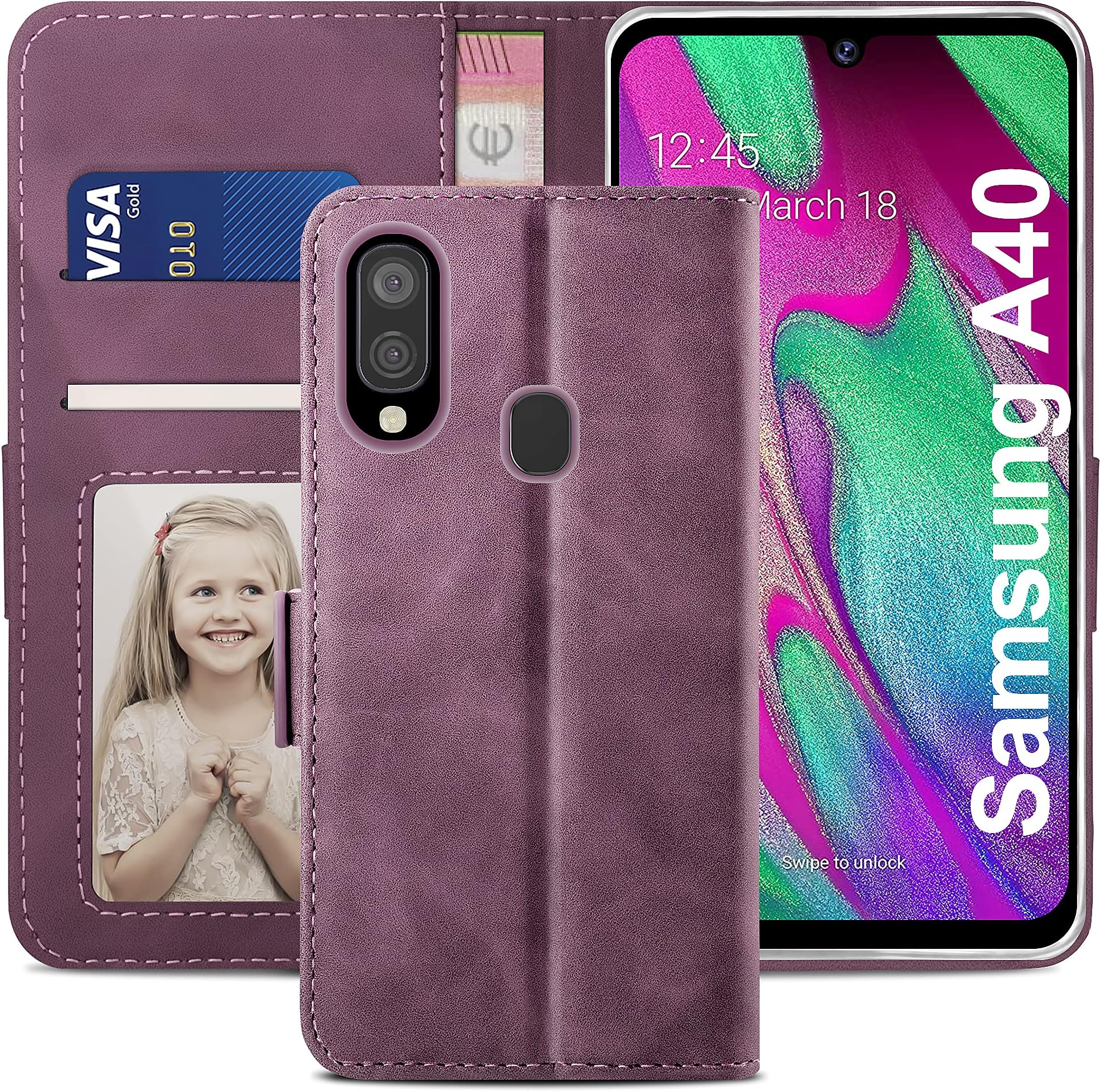 Handyhülle für Samsung Galaxy A40 Hülle mit Schutzfolie, Standfunktion Kartenfach Wallet Premium ...