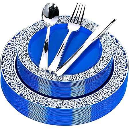 Amazon.com: FOMOICA Royal Blue Plastic Plates and Blue Silver ...