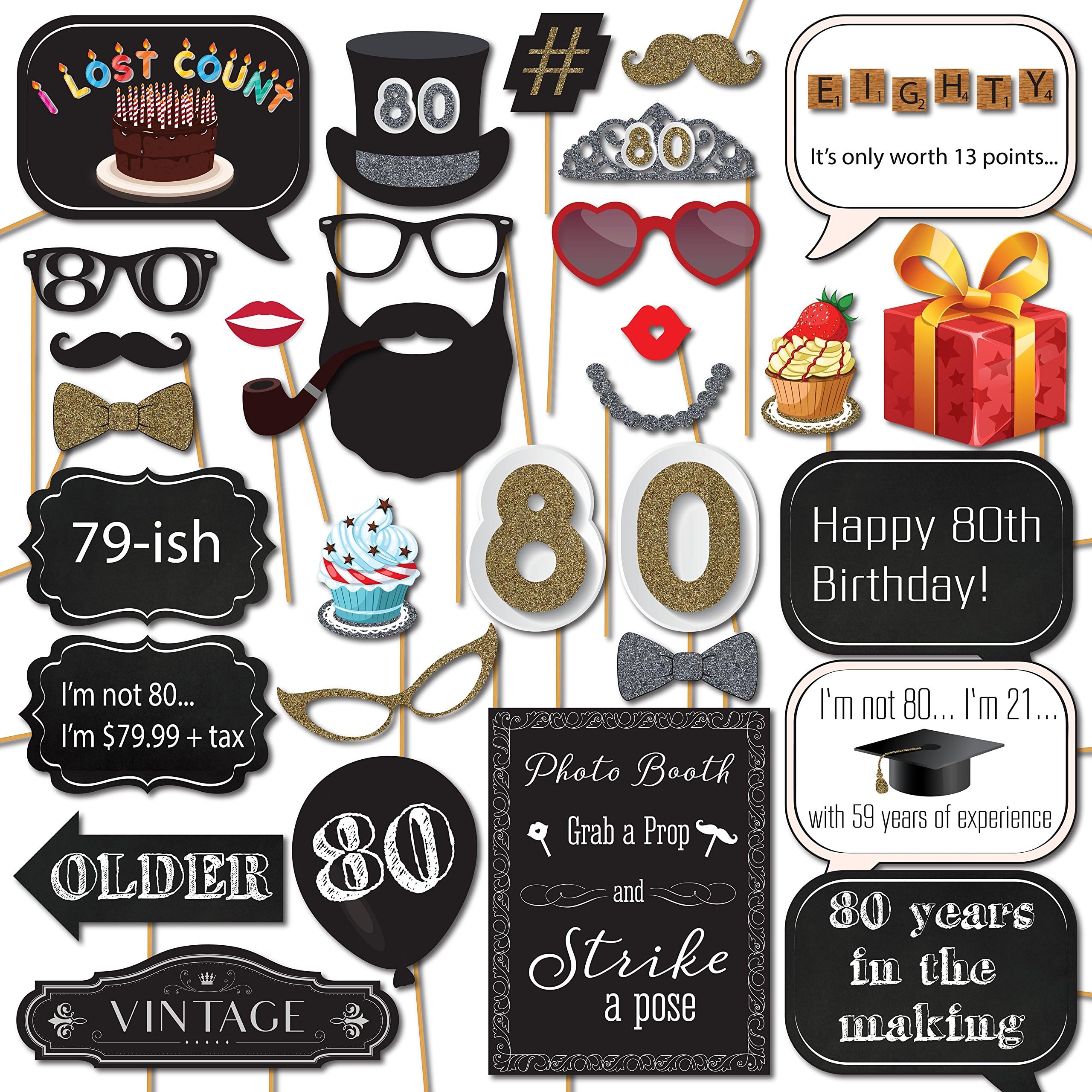 Amazon.com: LaVenty Black Gold 80th Birthday Party Photo Booth Props ...
