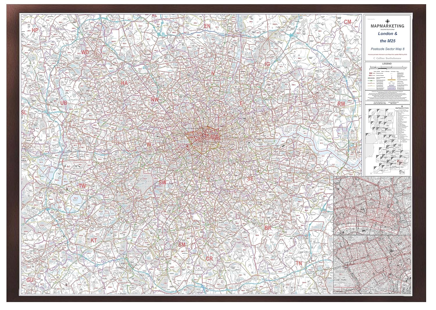 Postcode Sector Map 8 London and the M25 (Dark wood frame ...