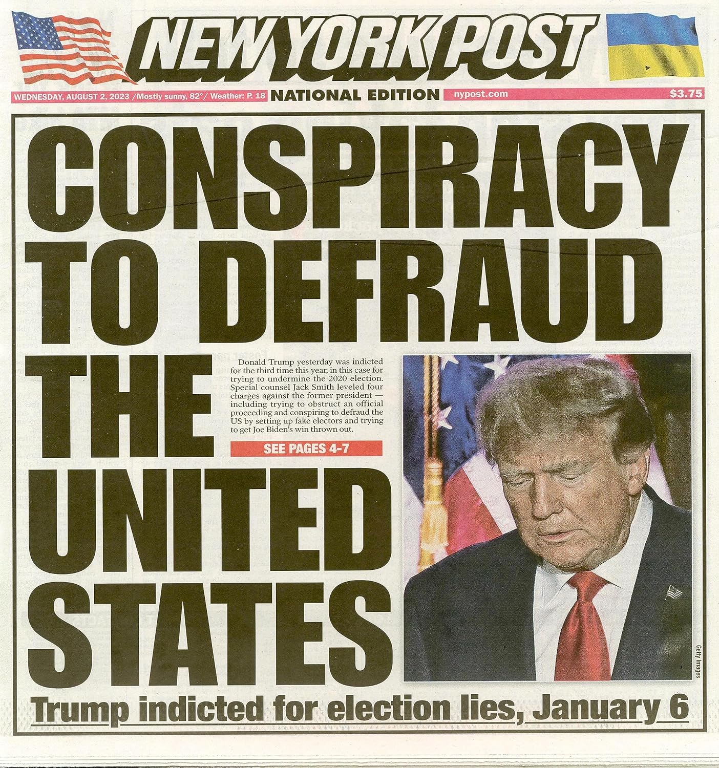 NEW YORK POST NEWSPAPER - AUG. 2, 2023 - TRUMP INDICTED - CONSPIRACY TO ...