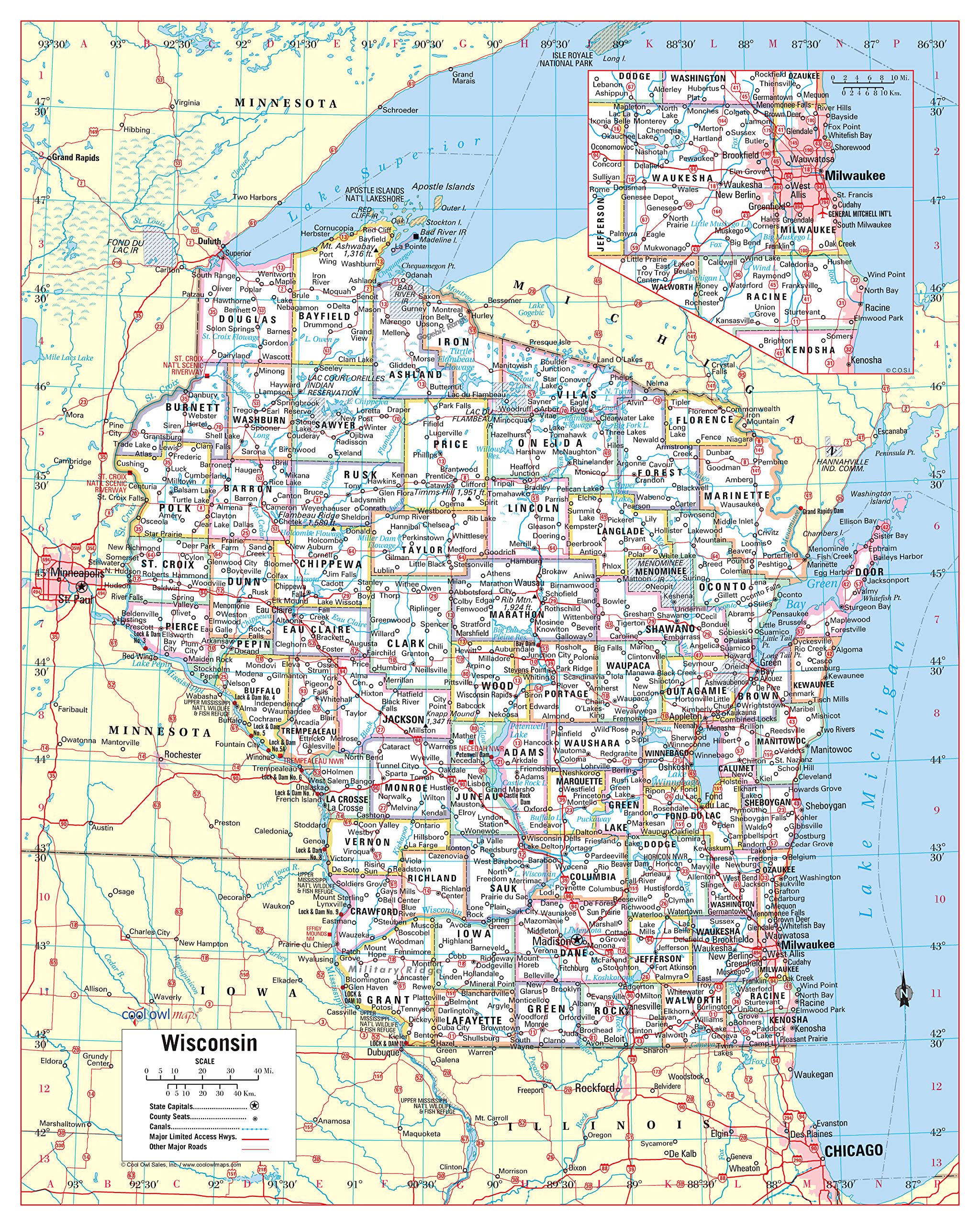 Snapklik.com : Cool Owl Maps Wisconsin State Wall Map Large Print ...
