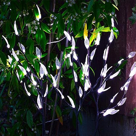 Set of 3 Solar Tree Branch Twig Leaf Outdoor Garden LED Lights White ...