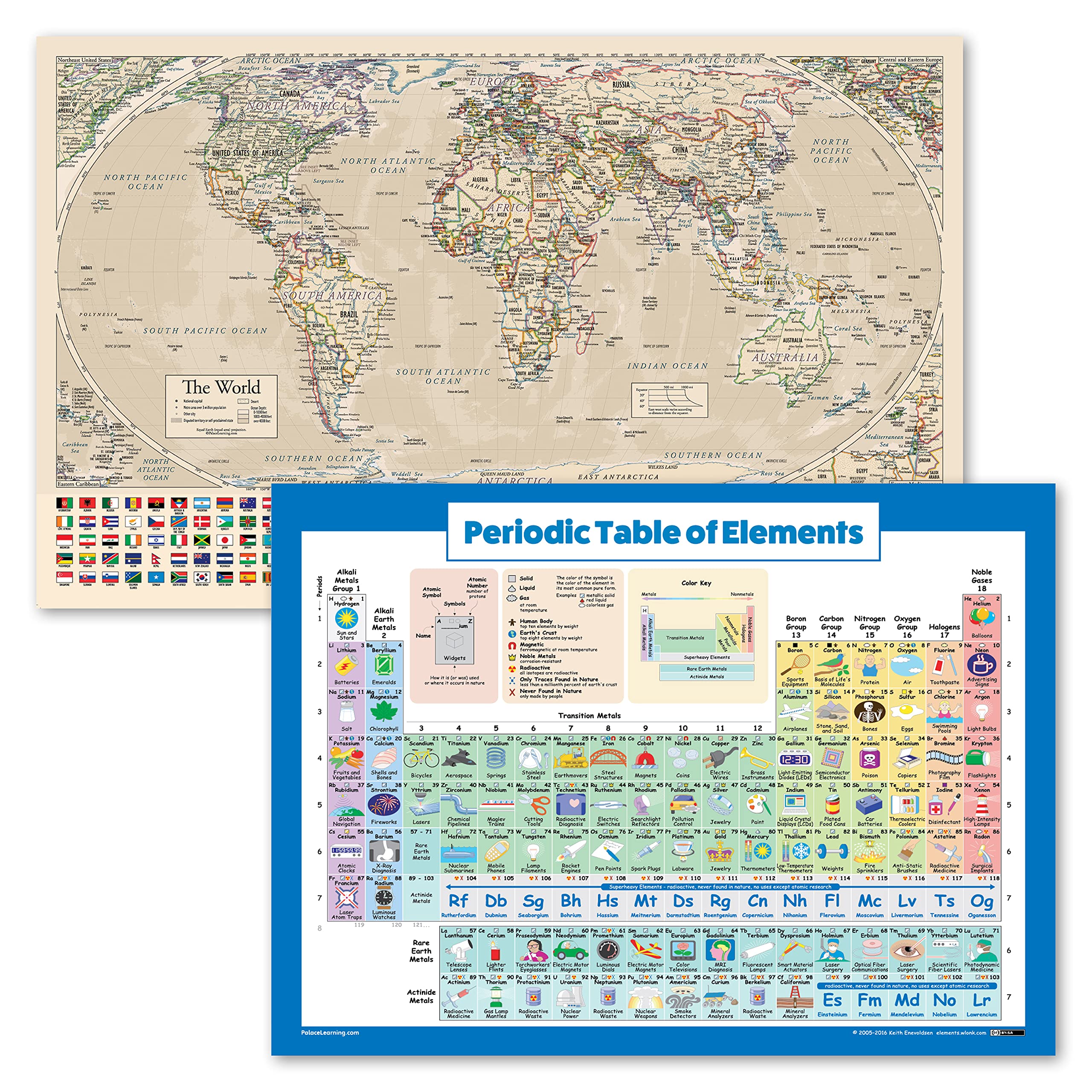 2 Pack Equal Earth Antique World And Periodic Table Elements ...