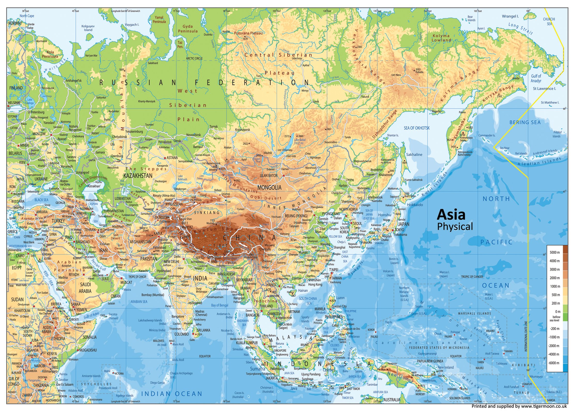Physical Map of Asia - Size A1-59.4 x 84.1 cm - Vinyl : Amazon.co.uk ...