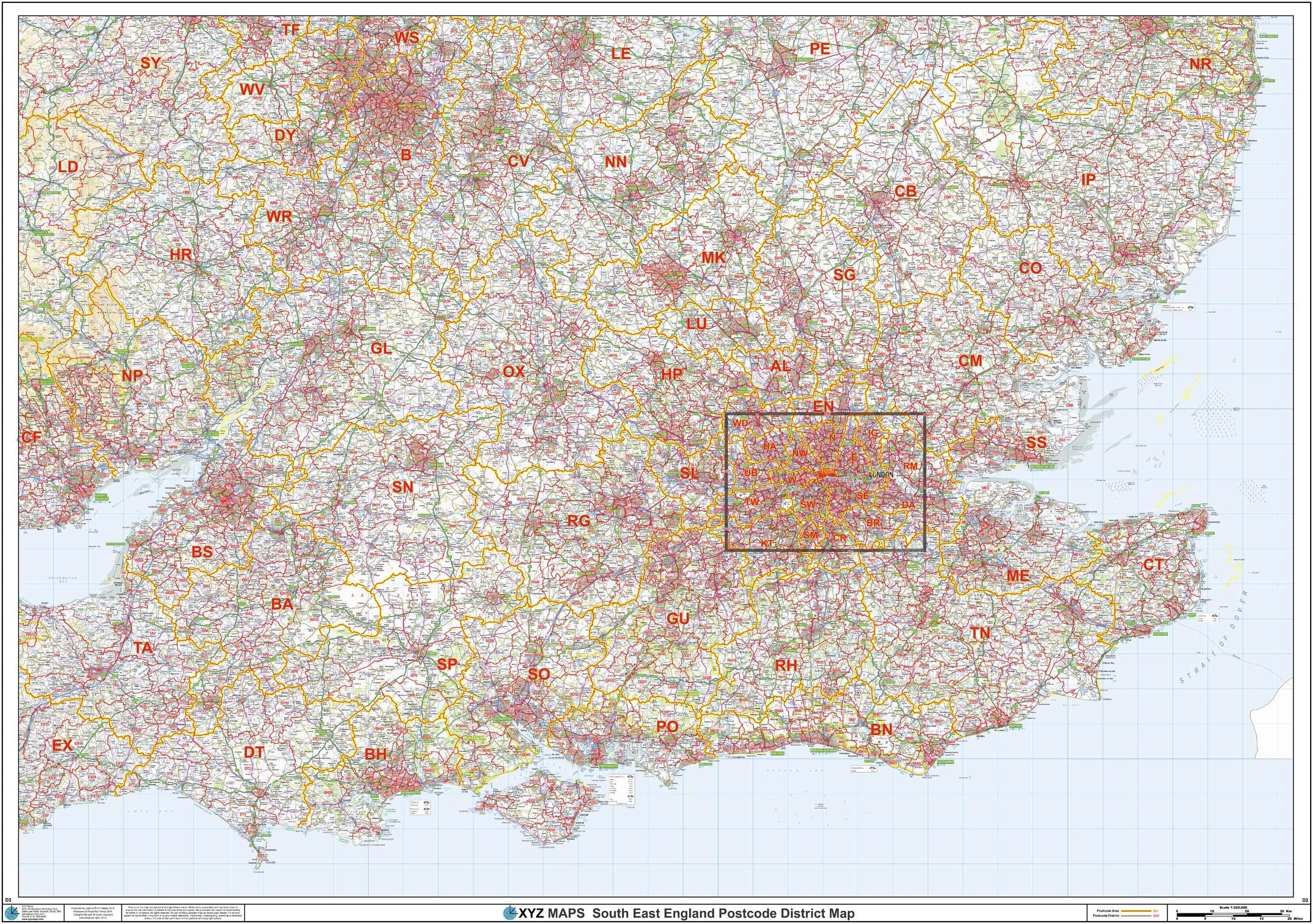 South East England Postcode District Wall Map (D2) - 47" x 33.25 ...
