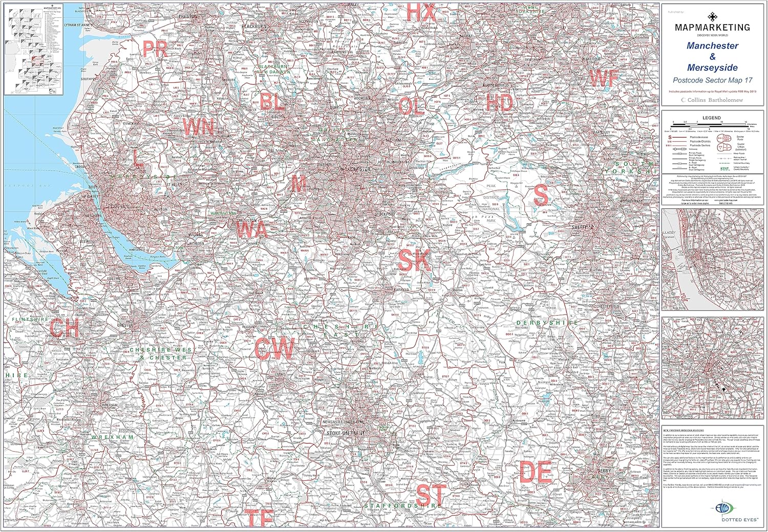 Manchester and Merseyside - Postcode Sector Map 17 - Wall Map With ...