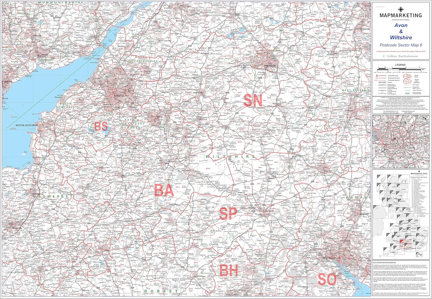 Avon And Wiltshire Postcode Sector Wall Map- Postcode Sector Map 6 ...