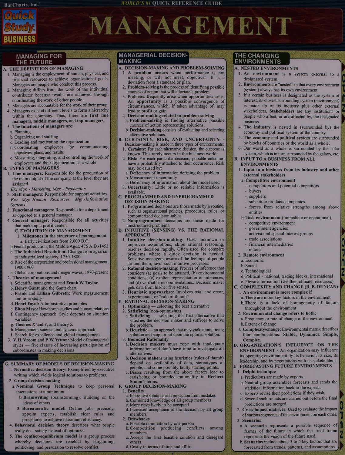 Management (Quickstudy Reference Guides - Academic): BarCharts, Inc ...
