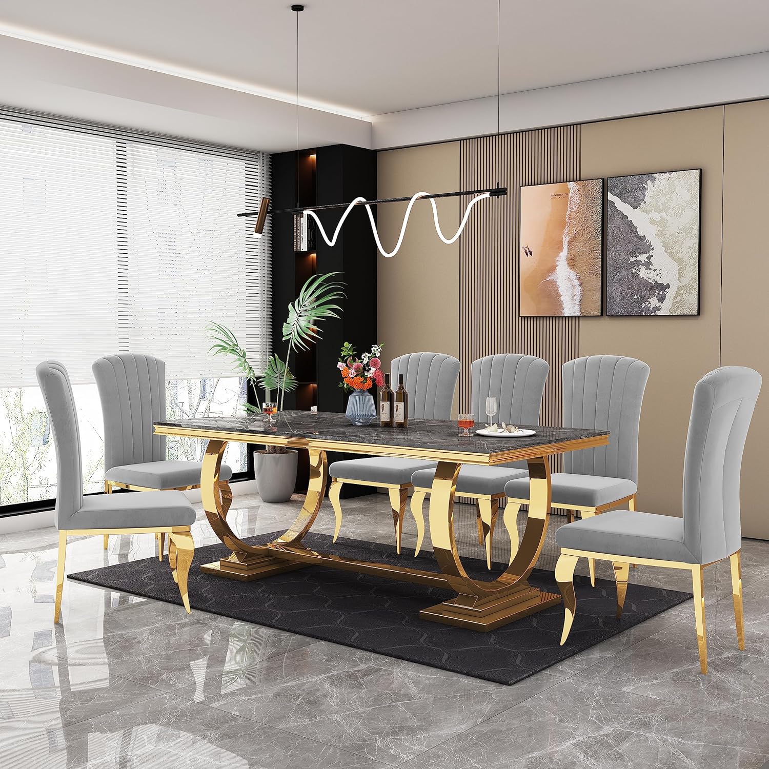 Amazon.com - Luxury Marble 7-Piece Dining Table Set for 6, Modern 70 ...