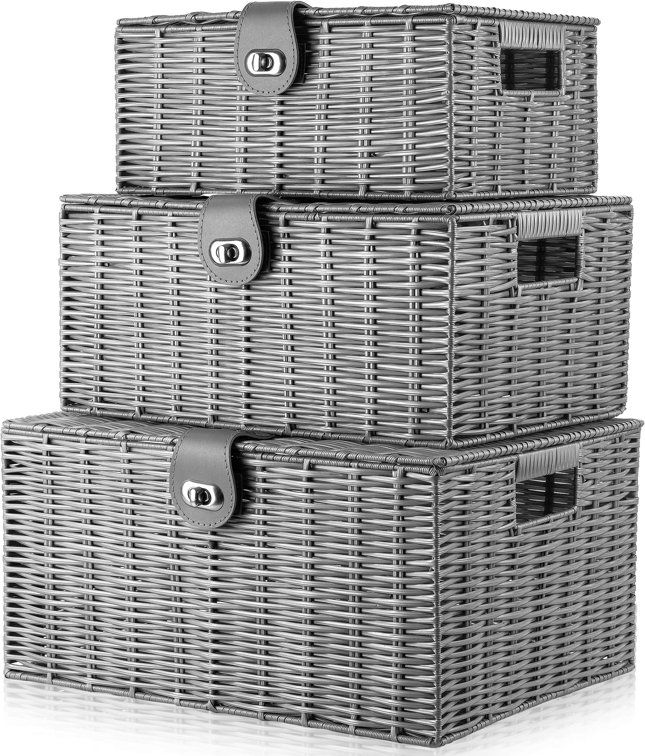 Arpan Large Resin Woven Storage Basket Box with Lid & Lock - White ...