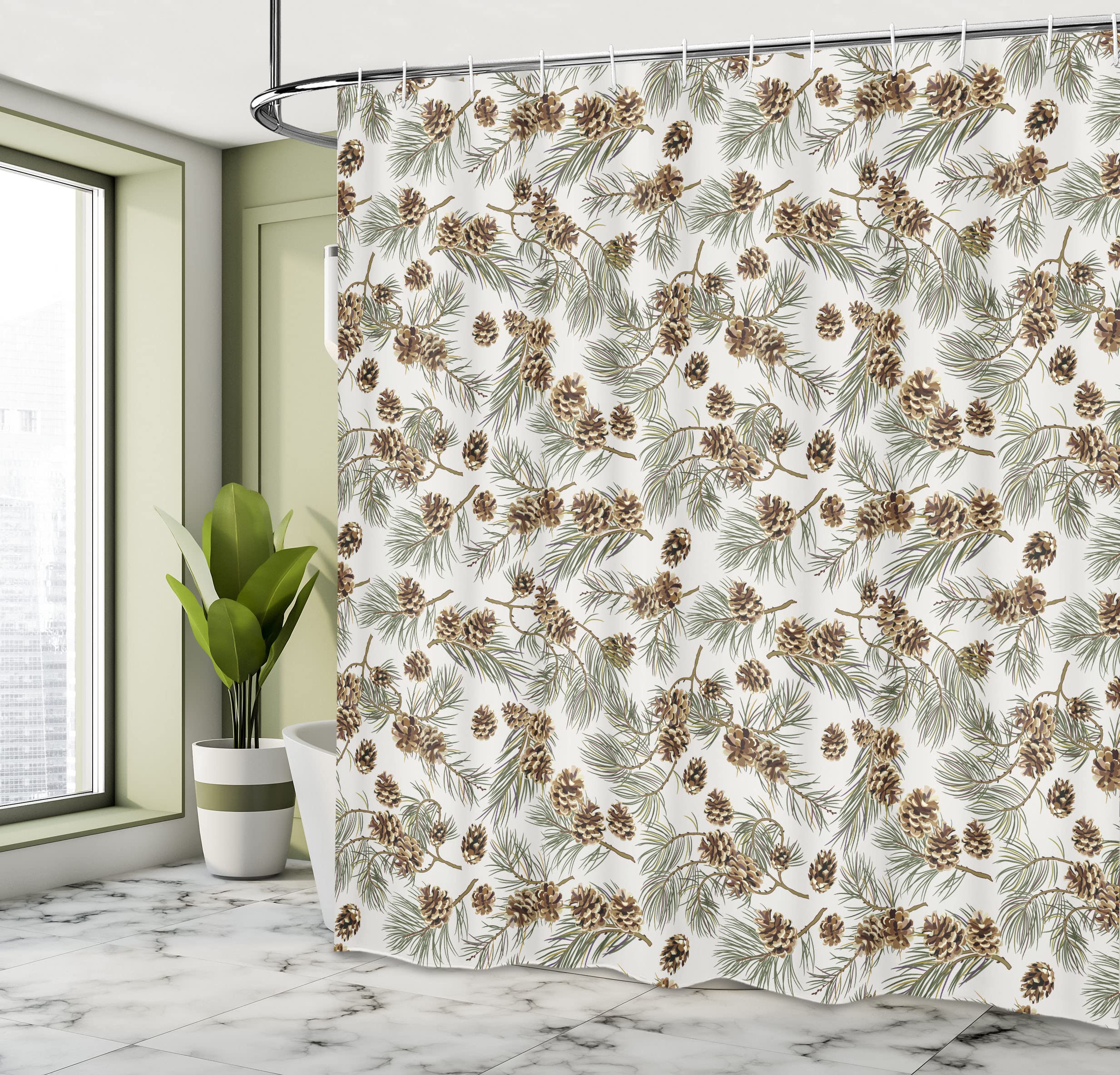 Lunarable Pinecone Shower Curtain, Scenery Illustration of Hand Painted Pine Tree Branches and ...