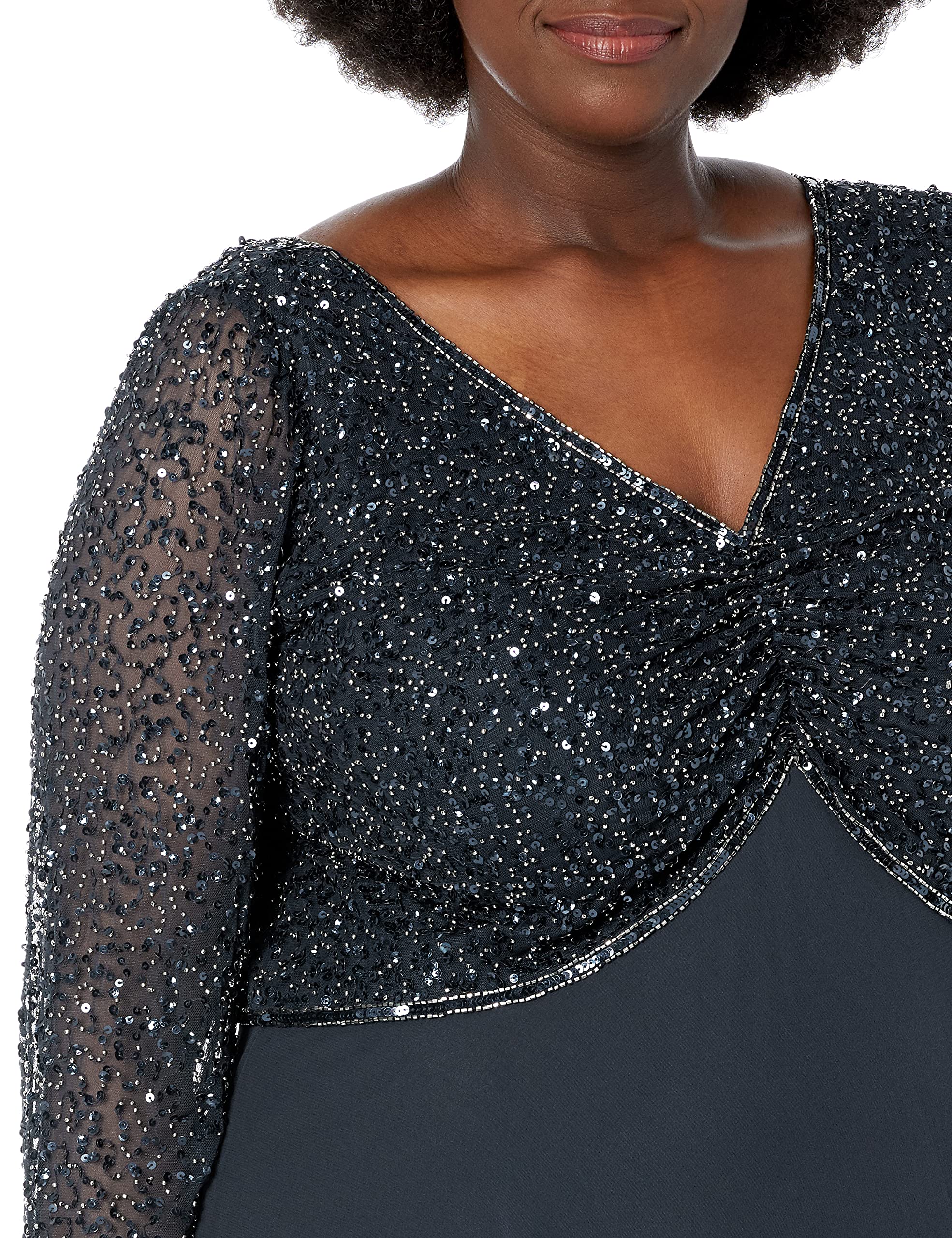 J Kara Women's Plus Size 3/4 Sleeve V-Neck Beaded Top Long Gown